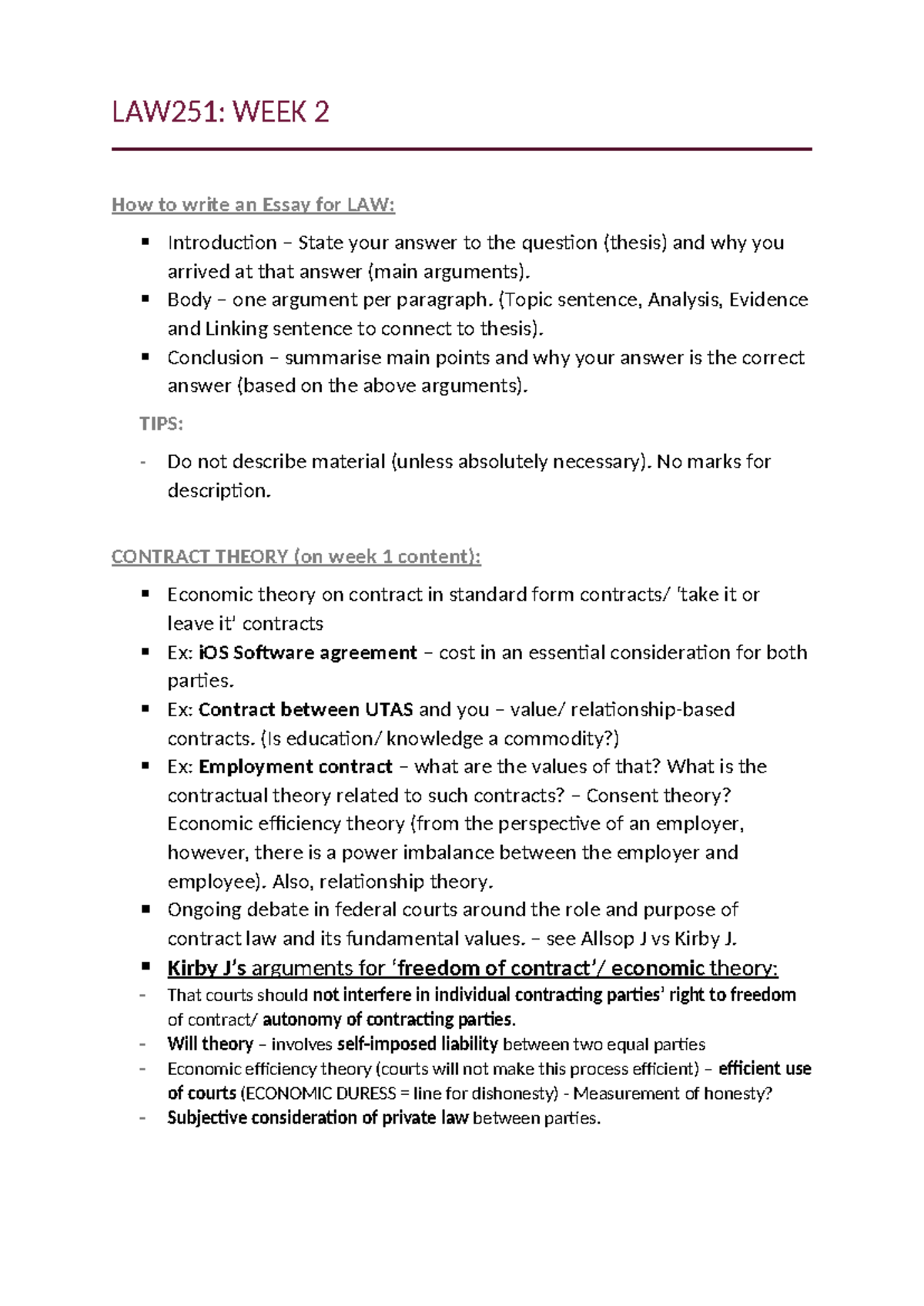 LAW251 - week 2 tutorial notes - LAW251: WEEK 2 How to write an Essay ...
