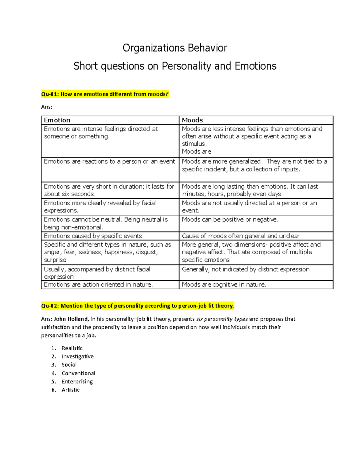 Personality and Emotions - Organizations Behavior Short questions on ...