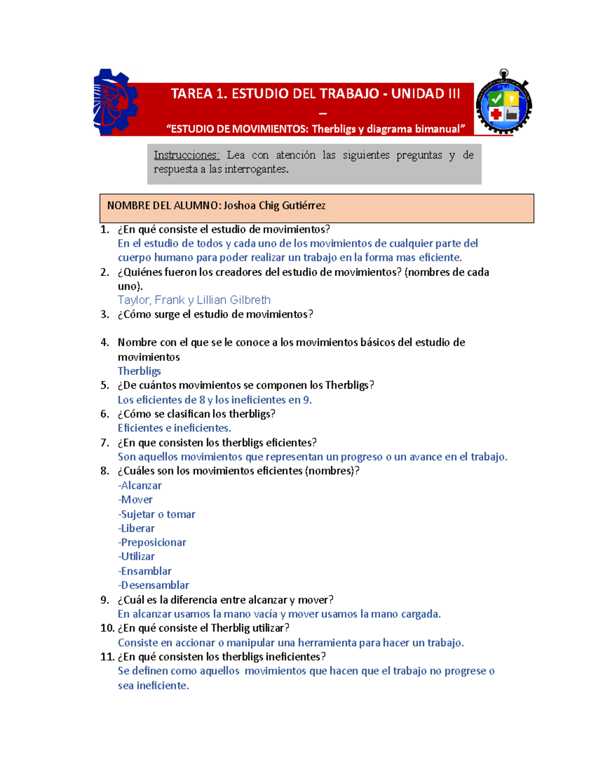 Tarea 1-Estudio del movimiento - TAREA 1. ESTUDIO DEL TRABAJO - UNIDAD ...
