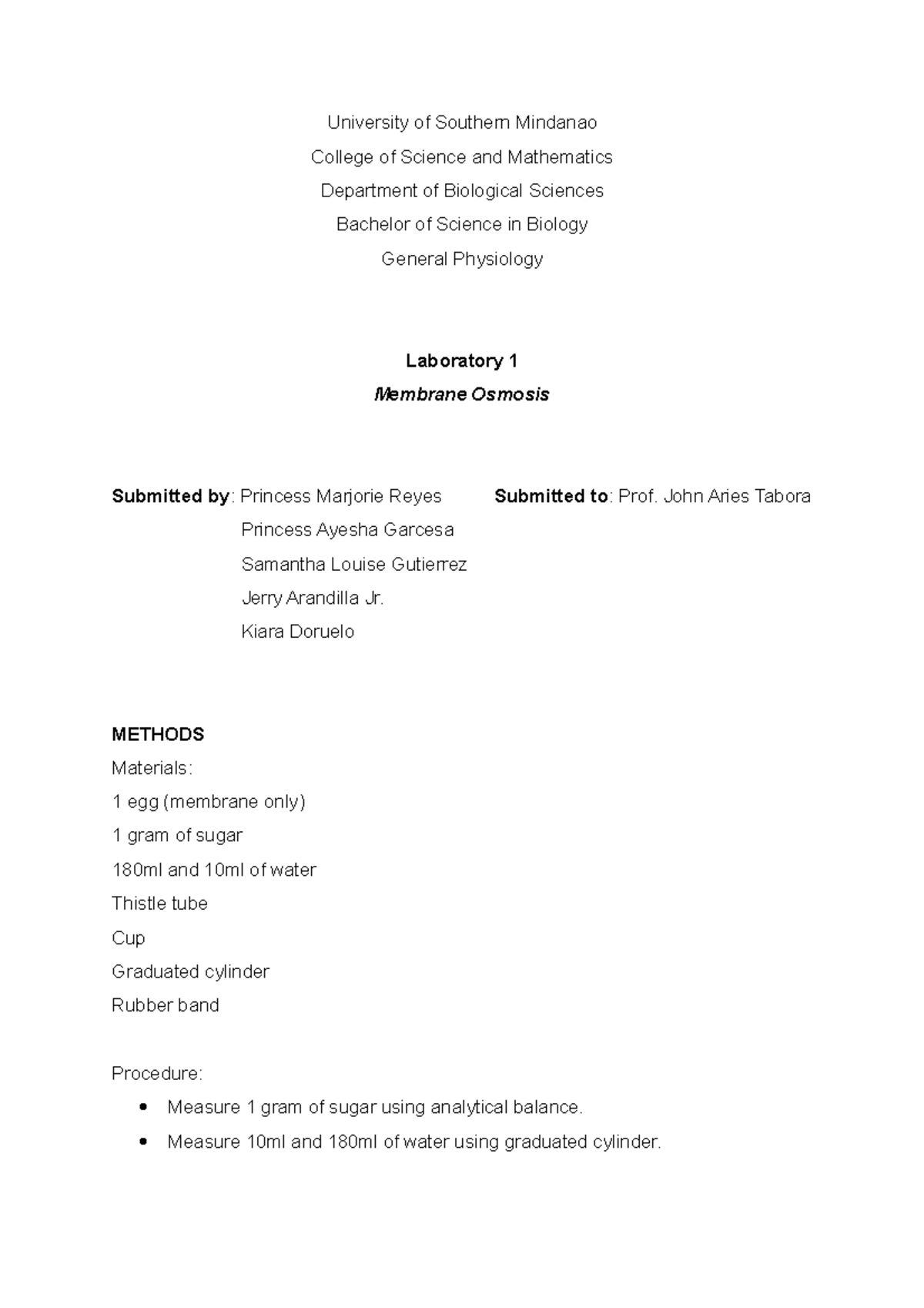 Laboratory No 1 physio - University of Southern Mindanao College of ...