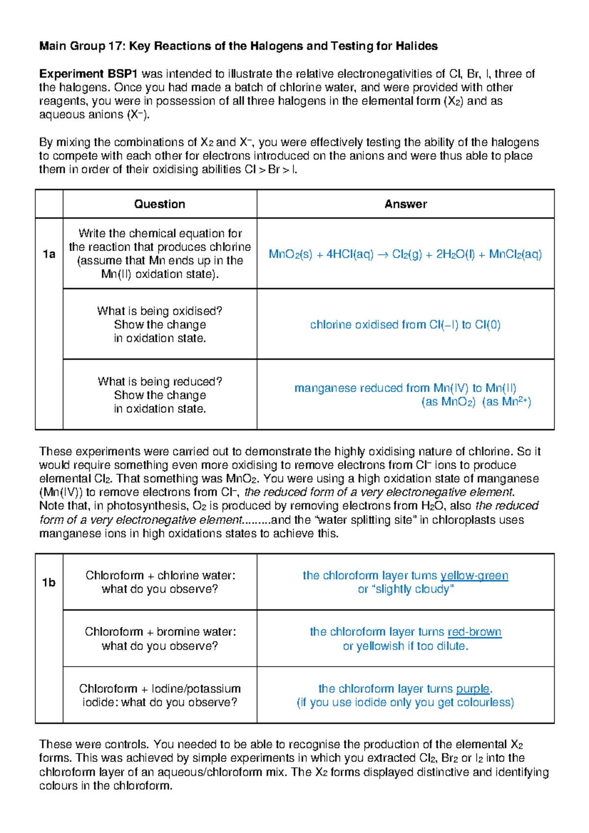 Group 17 Halogens Questions feedback - Main Group 17: Key Reactions of ...