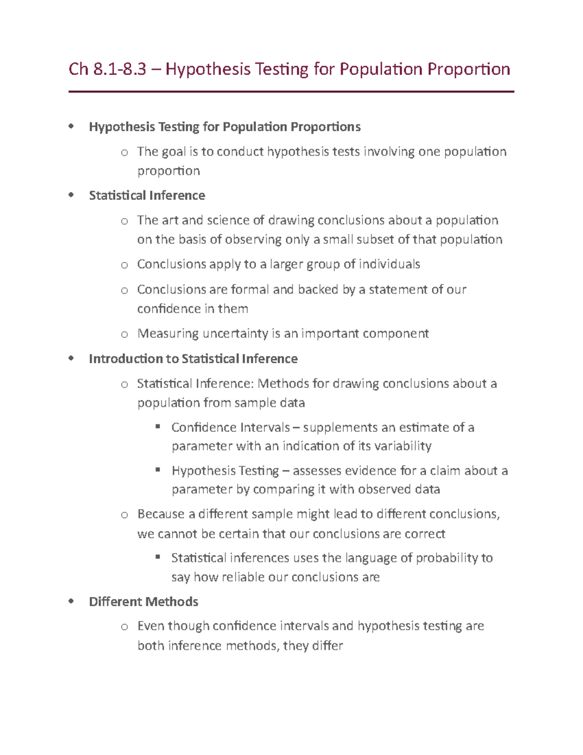 Ch 8.1-8.3 - Hypothesis testing for population proportion - Ch 8.1-8 ...