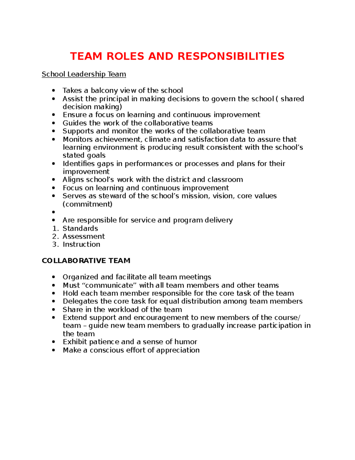 TEAM Roles AND Resposibilities - TEAM ROLES AND RESPONSIBILITIES School ...