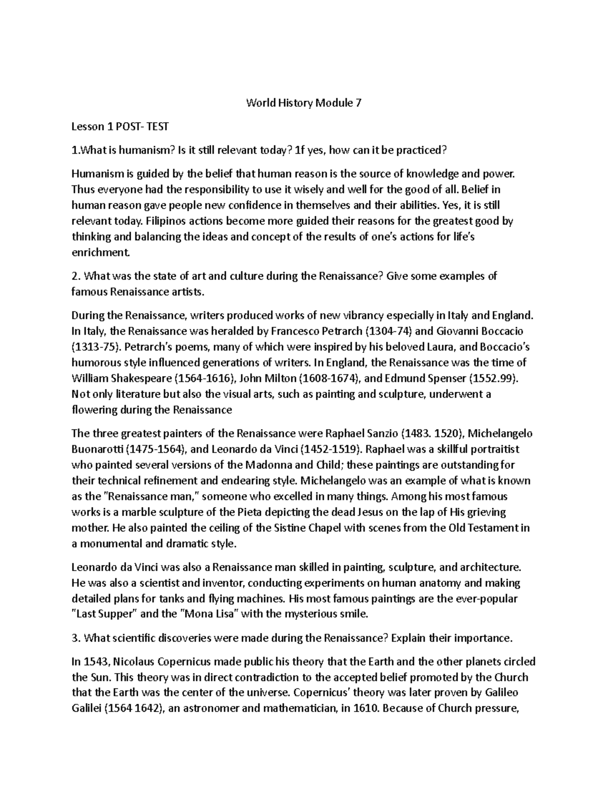 Module 7 answer - Good for study. - World History Module 7 Lesson 1 ...