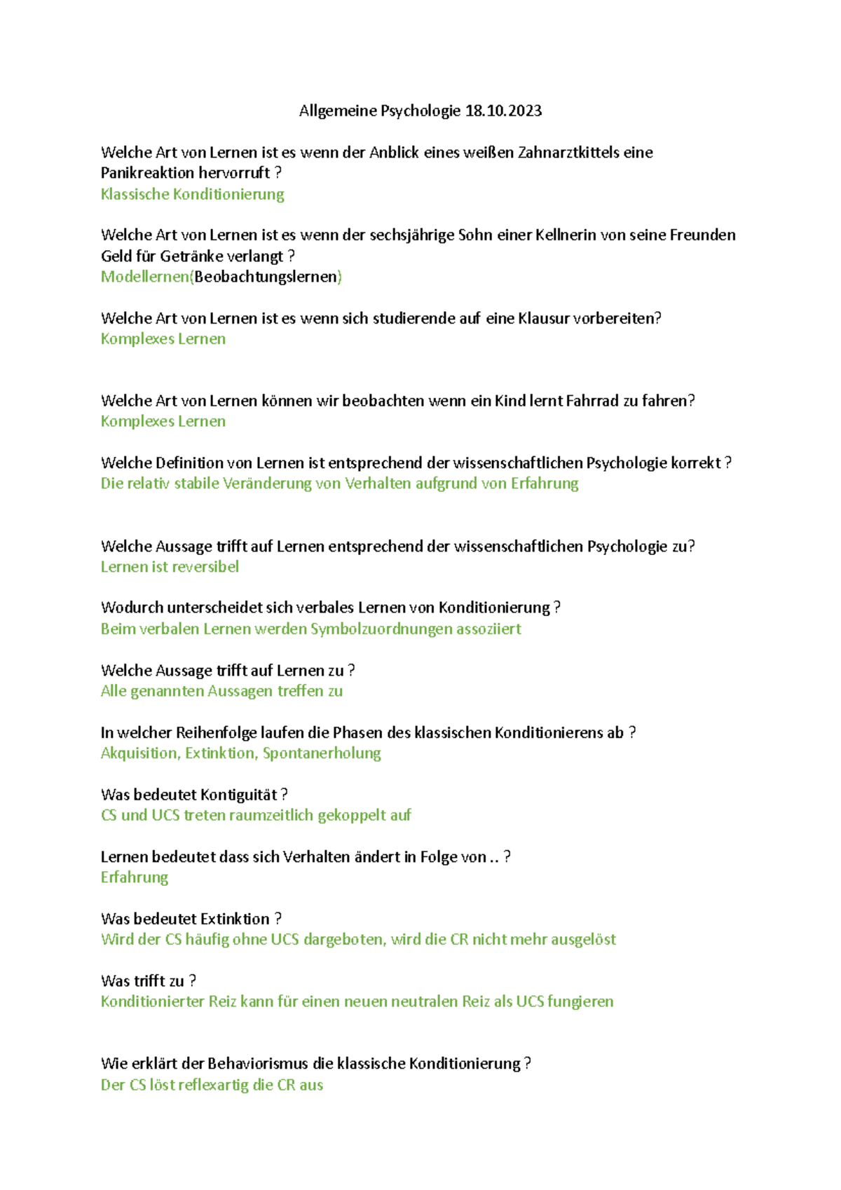 Allgemeine Psychologie 2 Fragen - Allgemeine Psychologie 18. Welche Art von Lernen ist es wenn ...