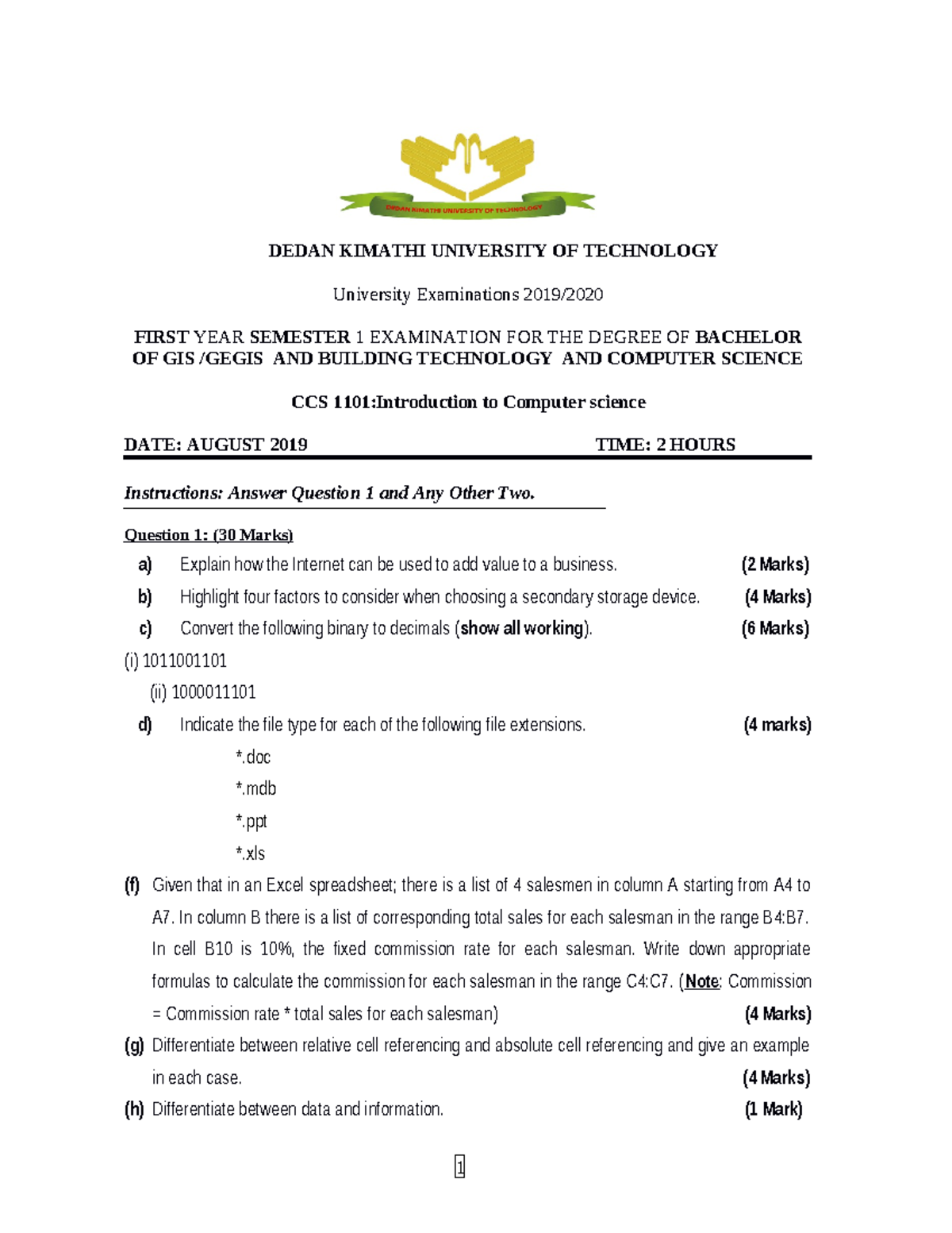 CC1101 Introduction to computers exam - 1 DEDAN KIMATHI UNIVERSITY OF ...