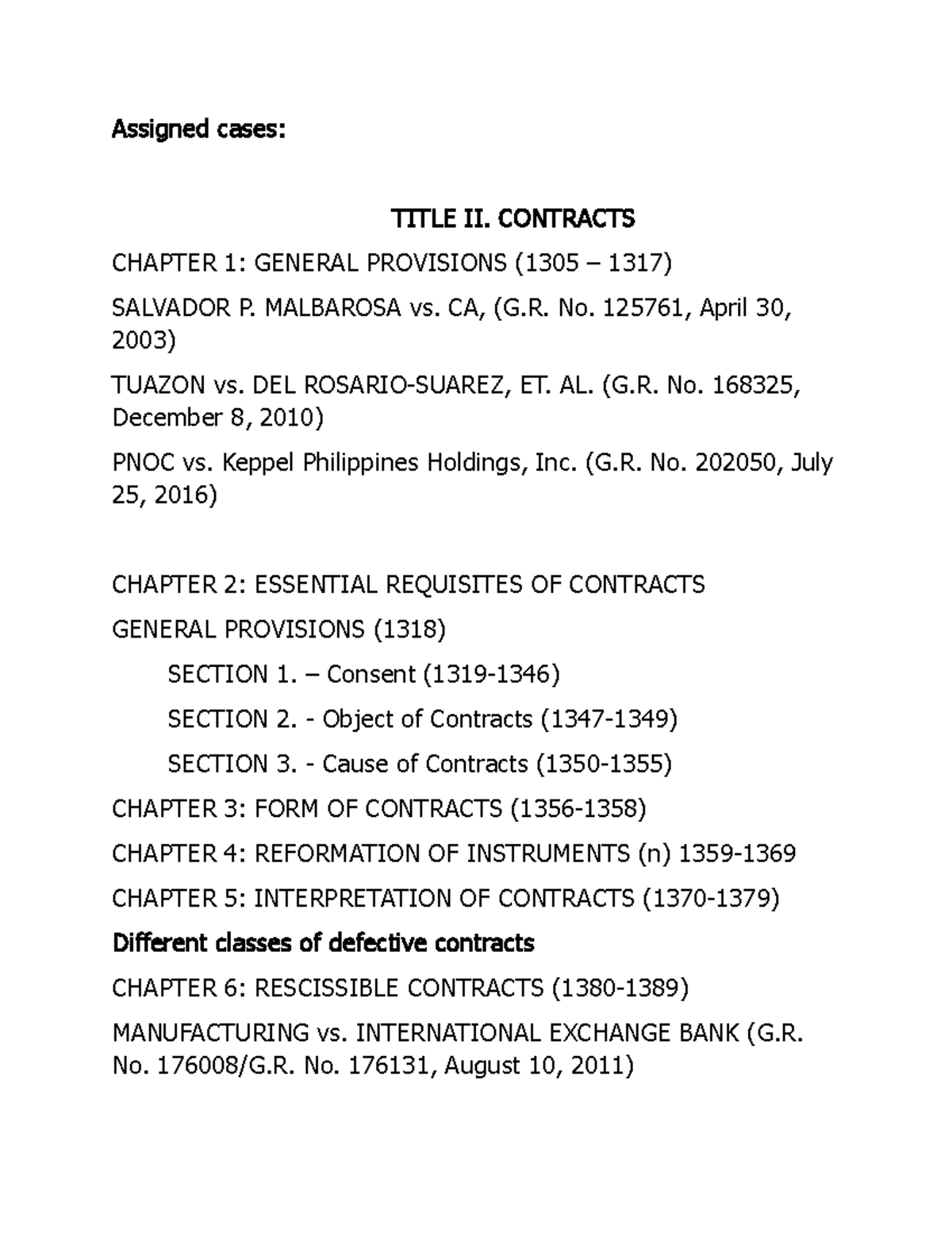 Assigned cases- Contracts - Assigned cases: TITLE II. CONTRACTS CHAPTER 1: GENERAL PROVISIONS ...