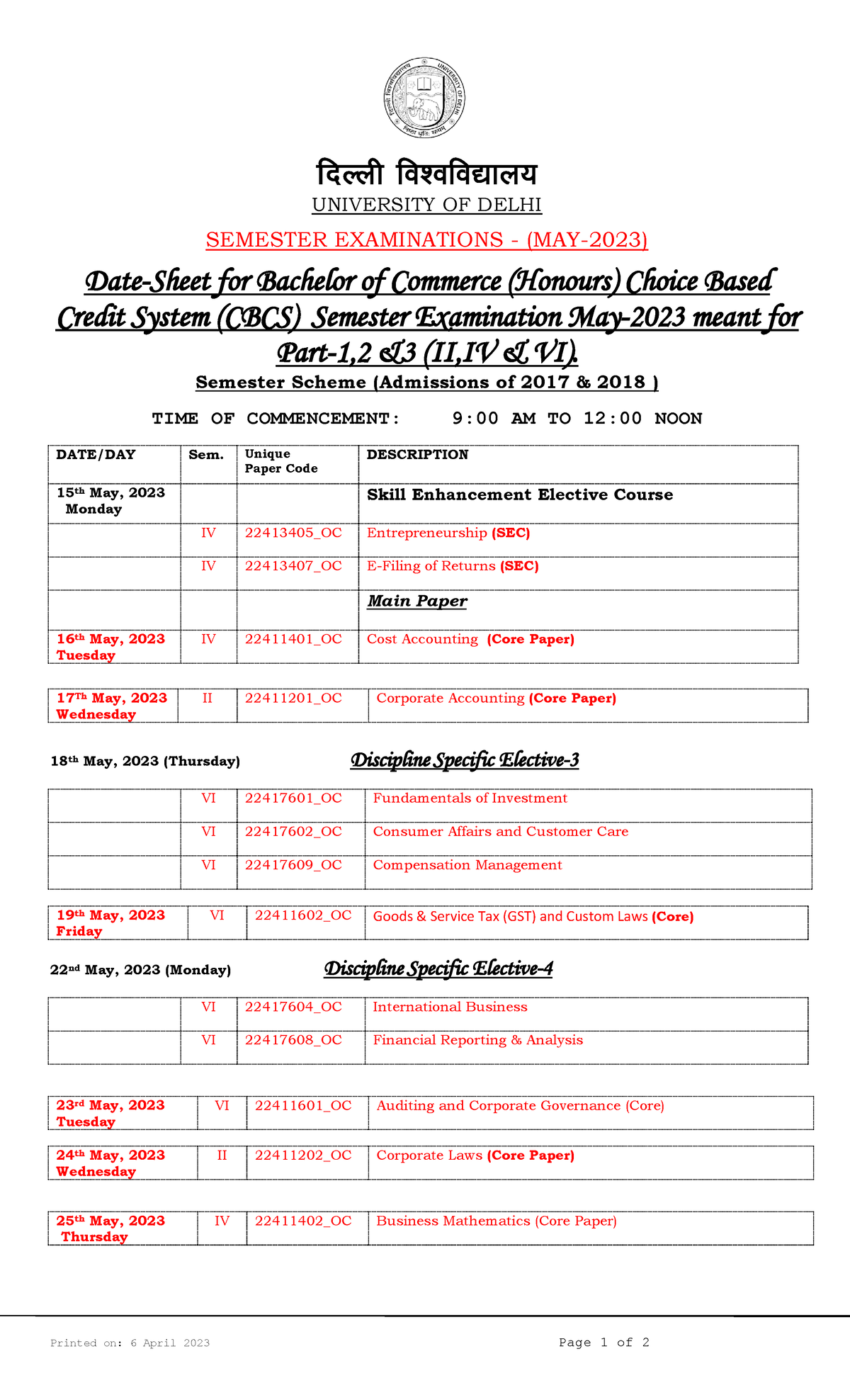 BCOM (Hons) -2022-II-IV-VI Sem(CBCS)-10-04-2023 - Printed on: 6 April ...