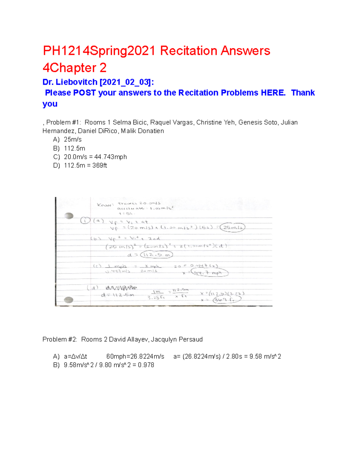 Recitation Problems Answers Ch02 - PH1214Spring2021 Recitation Answers 4Chapter 2 Dr. Liebovitch ...