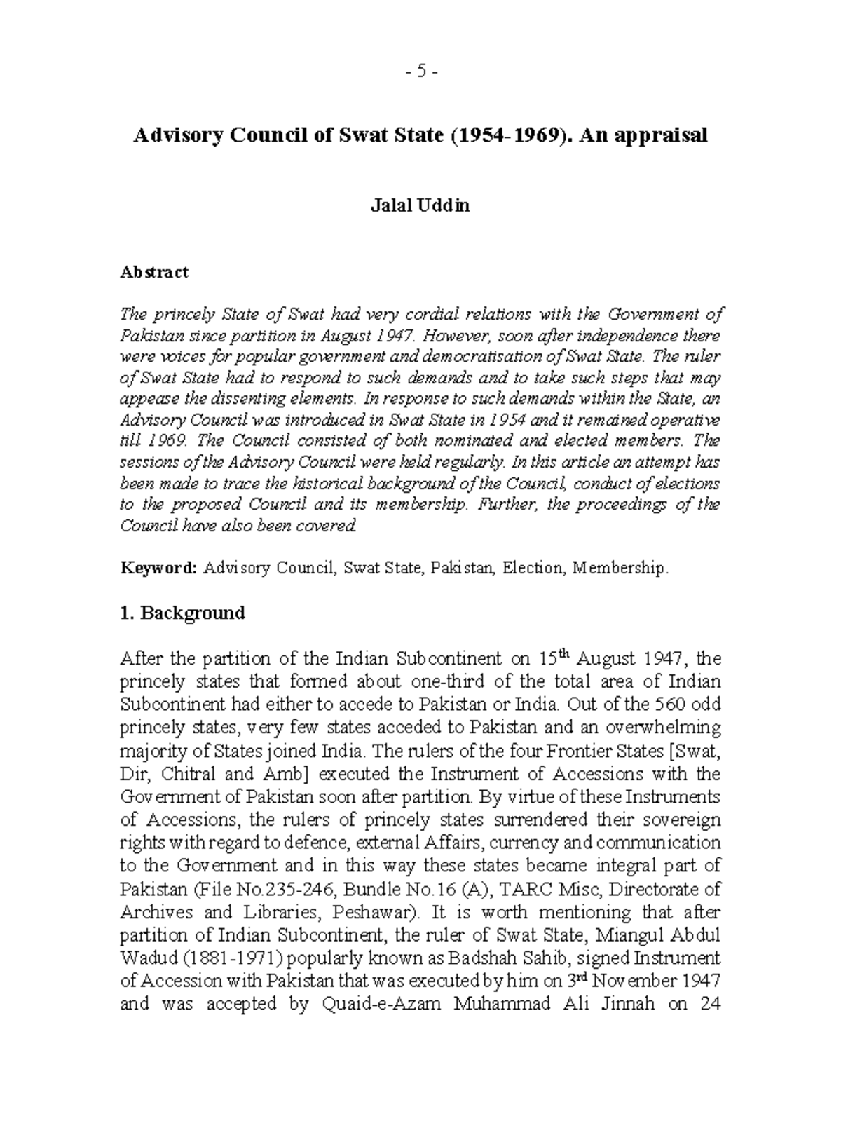 Advisory Council of Swat State 1954 1969 - 5 - Advisory Council of Swat ...