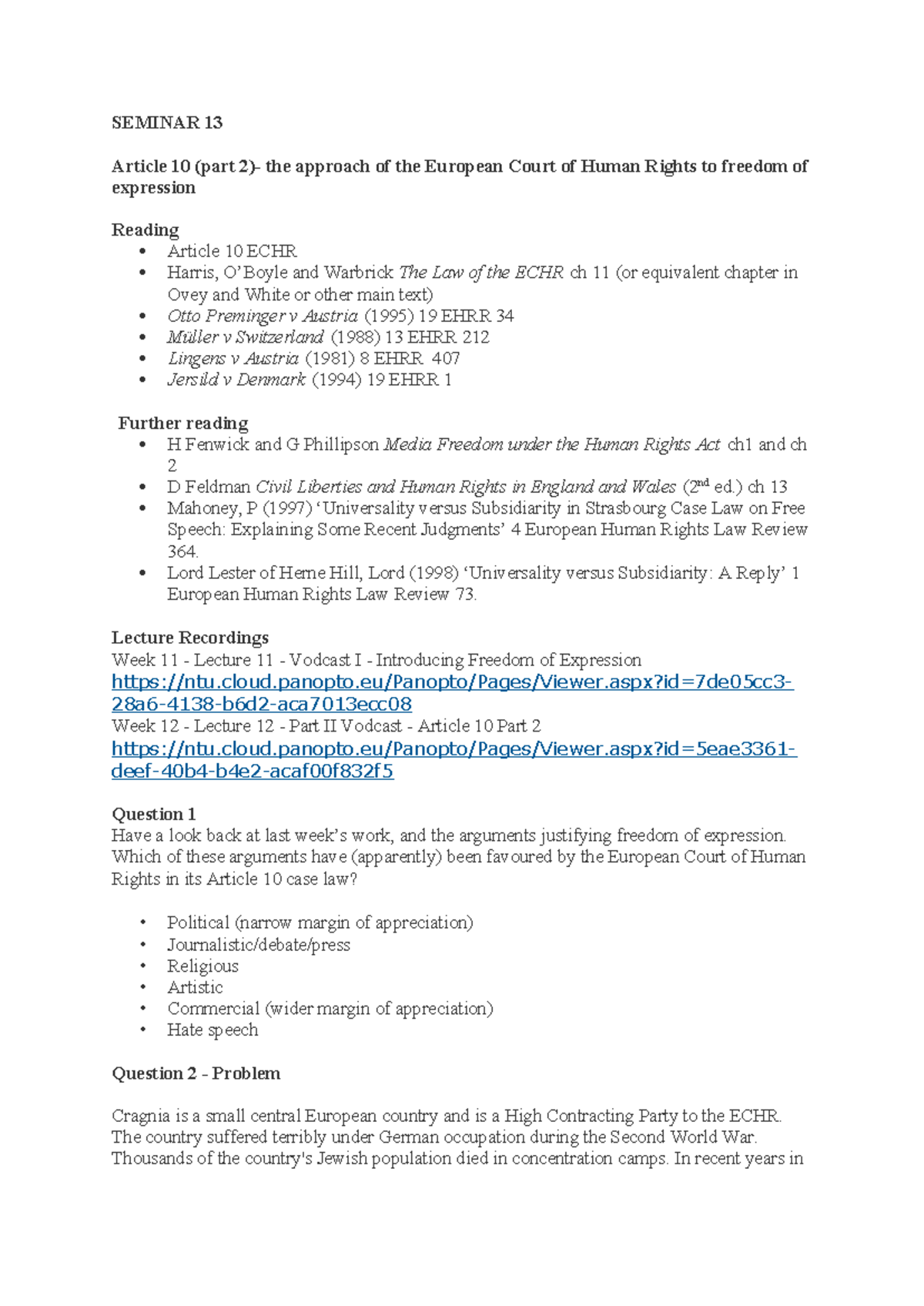 Human Rights Seminar 13 - Article 10 - SEMINAR 13 Article 10 (part 2 ...