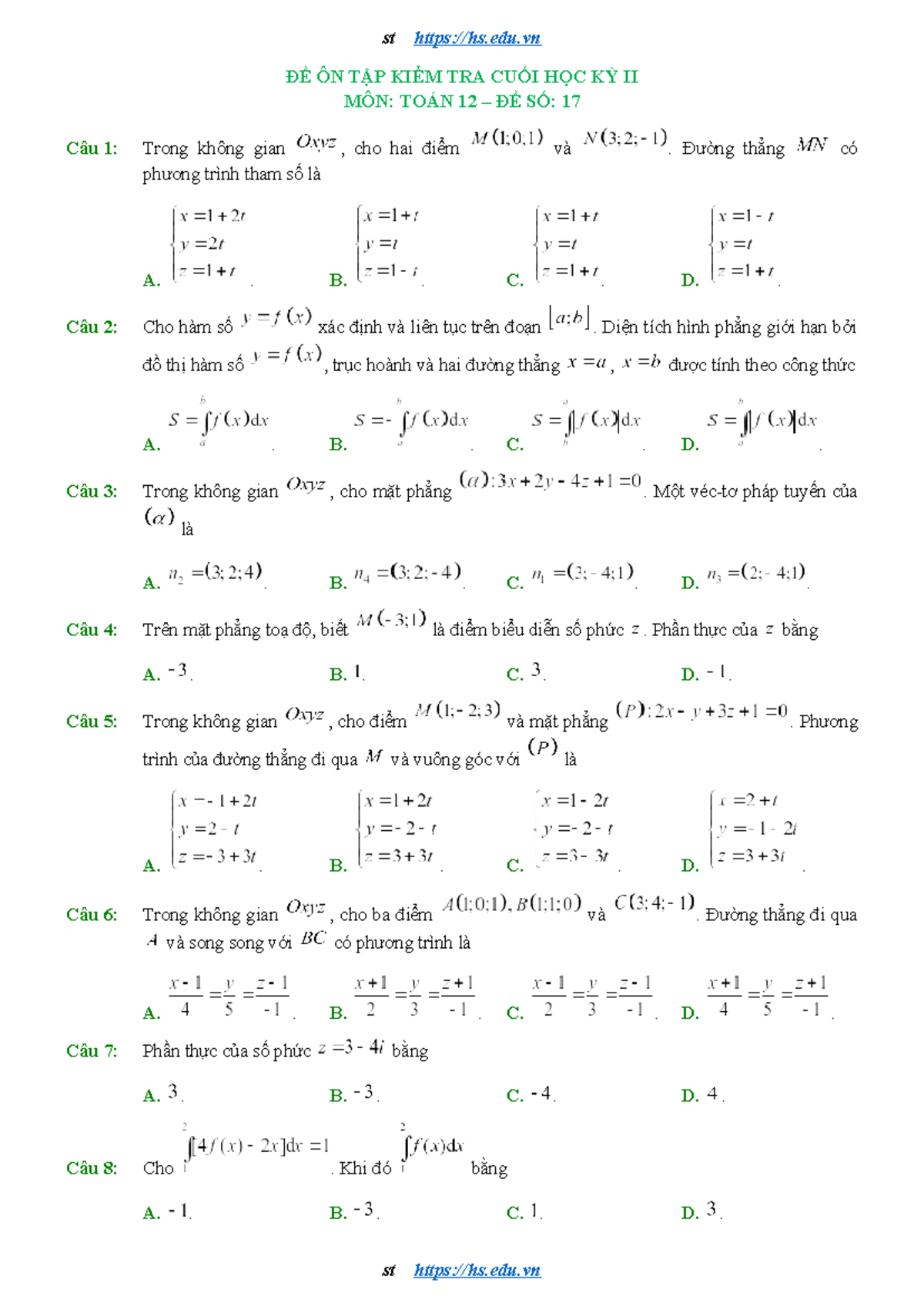 On tap kiem tra cuoi ki 2 Toan 12 De va huong dan De 17 TNKQ - st hs.edu ĐỀ ÔN TẬP KIỂM TRA CUỐI ...