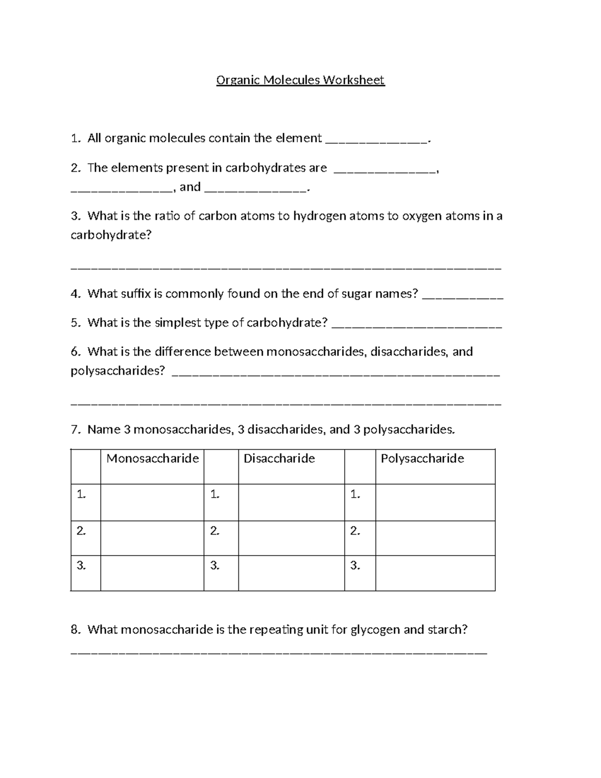 Biomolecules Worksheet - Organic Molecules Worksheet All organic ...