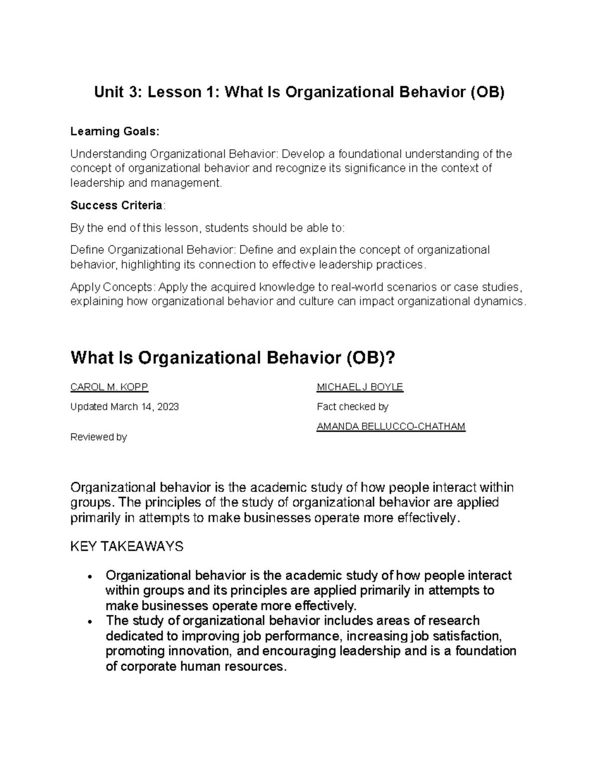 3. Lesson 1 Understanding Organizational Behaviour - Unit 3: Lesson 1 ...