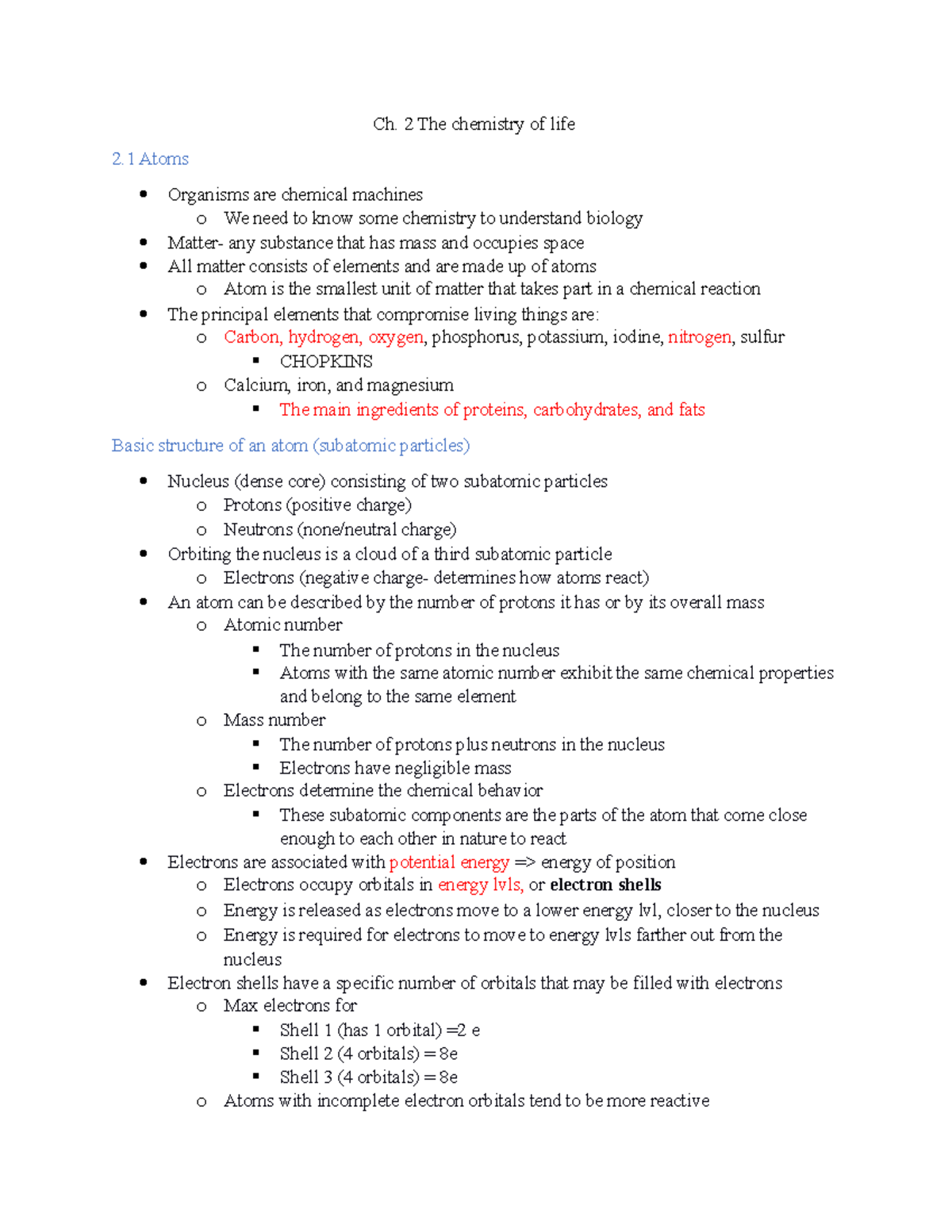 Zool ch 2 notes - Margaret Nsofor - Ch. 2 The chemistry of life 2 Atoms ...