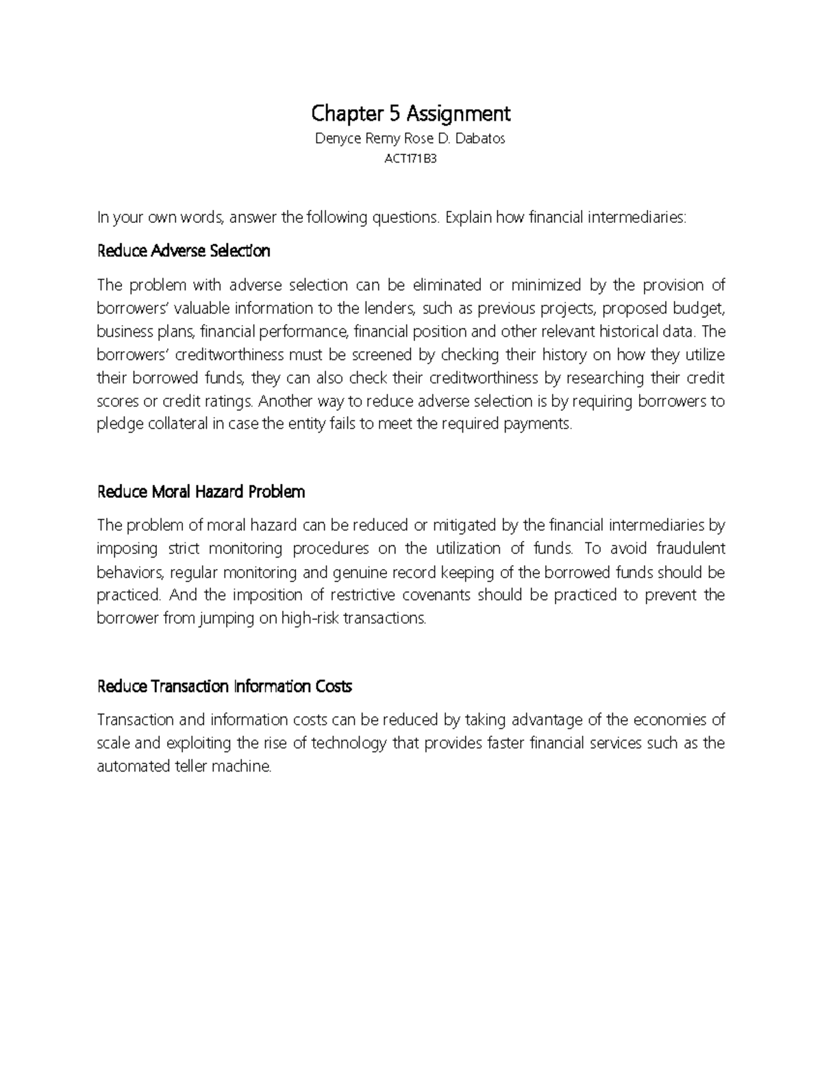 Chapter 5 Assignment - Chapter 5 Assignment Denyce Remy Rose D. Dabatos ...