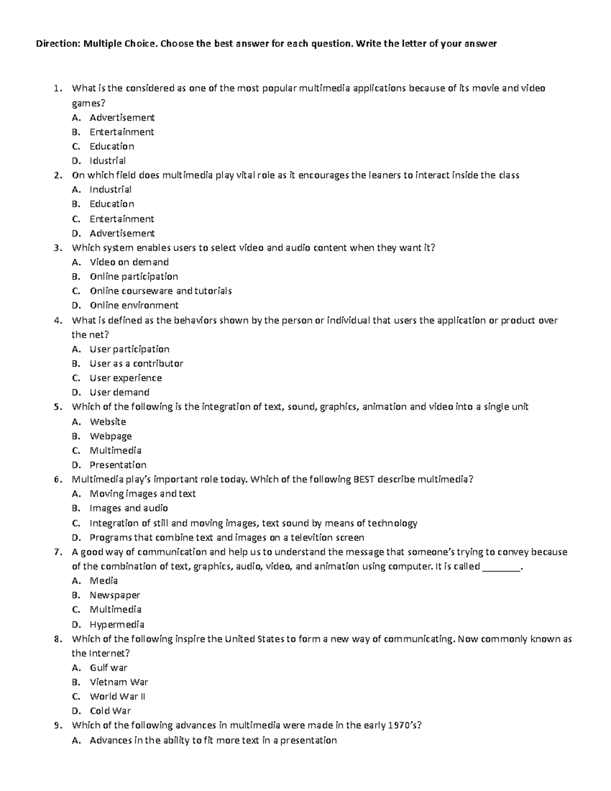 Empowerment Question - Direction: Multiple Choice. Choose the best ...