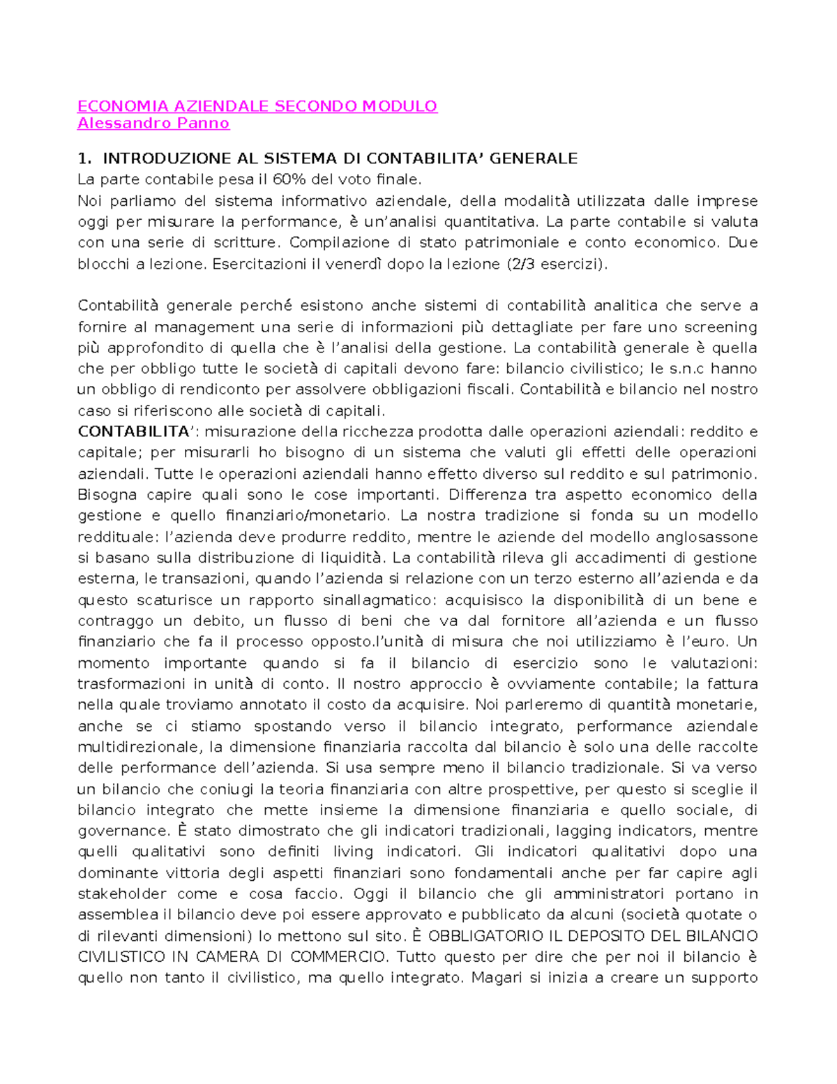 Economia Aziendale Secondo Modulo - ECONOMIA AZIENDALE SECONDO MODULO Alessandro Panno 1. - Studocu