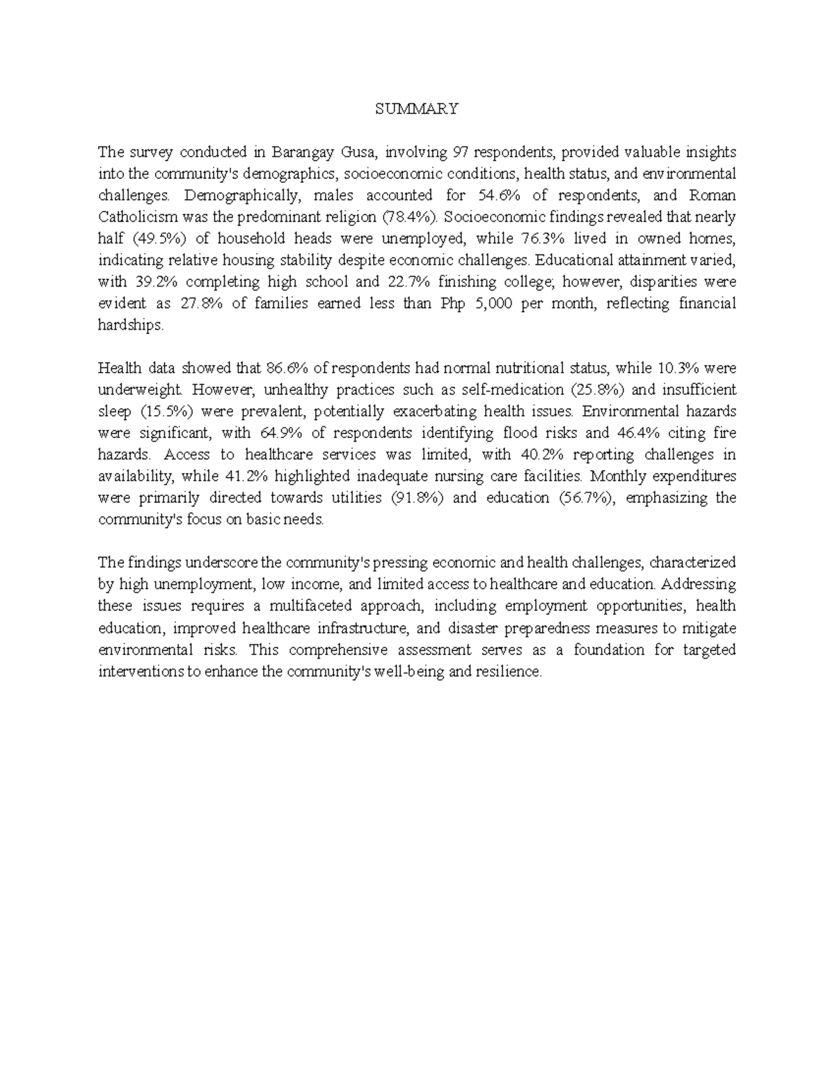 Chn - Summary Community Health Nursing - SUMMARY The survey conducted ...