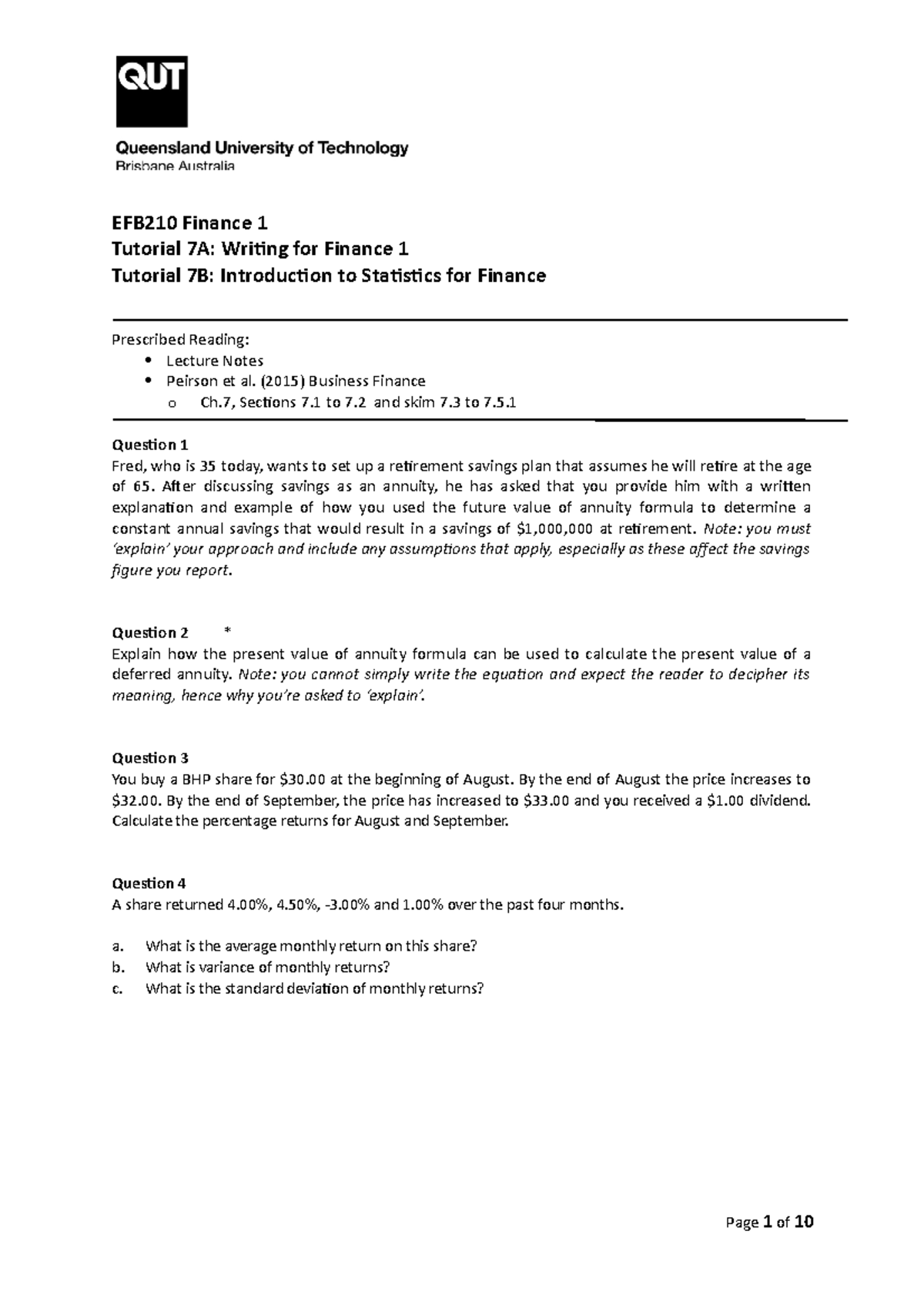 Tutorial Solutions Week 7 - EFB210 Finance 1 Tutorial 7A: Writing for ...