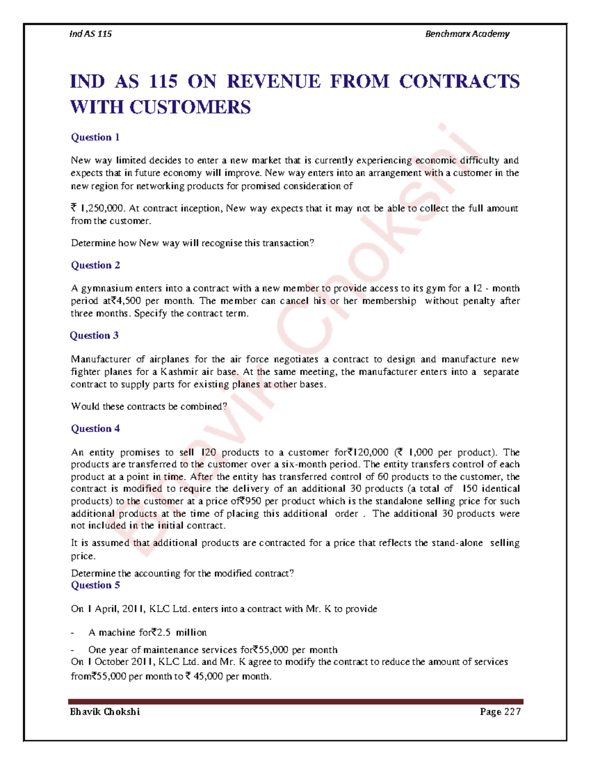 Ind As 115 Question Bank Bhavik Chokshi - IND AS 115 ON REVENUE FROM CONTRACTS WITH CUSTOMERS ...