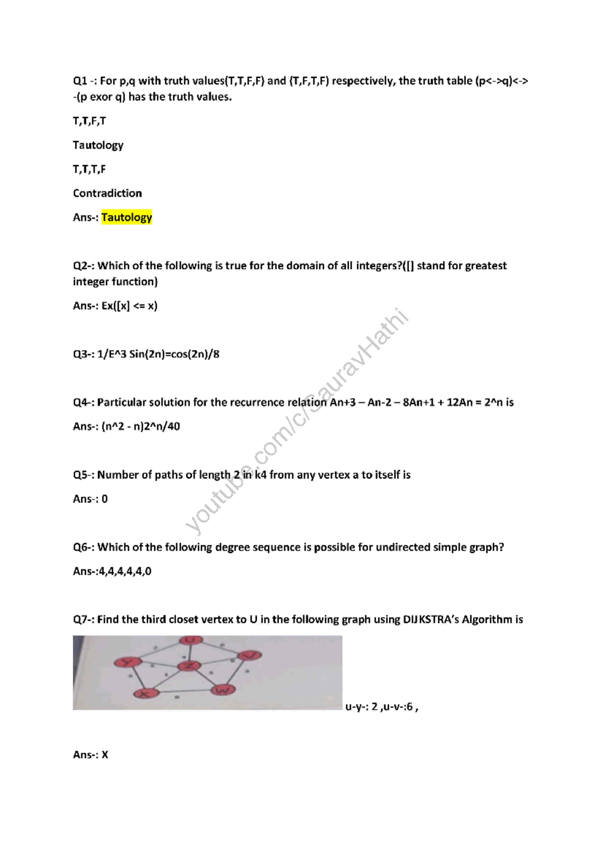 MATH401 Answer Key - Q1: For p,q with truth values(T,T,F,F) and (T,F,T,F) respectively, thetruth ...