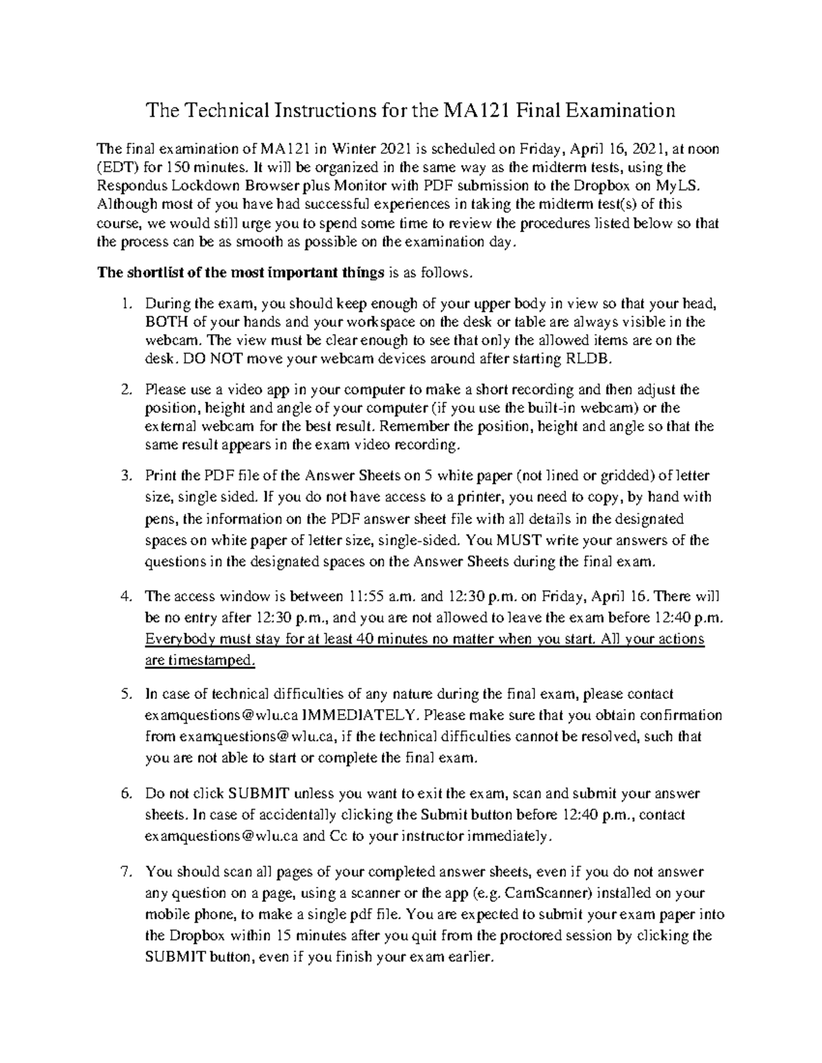 MA121 W212 Final Exam Instructions - The Technical Instructions for the ...