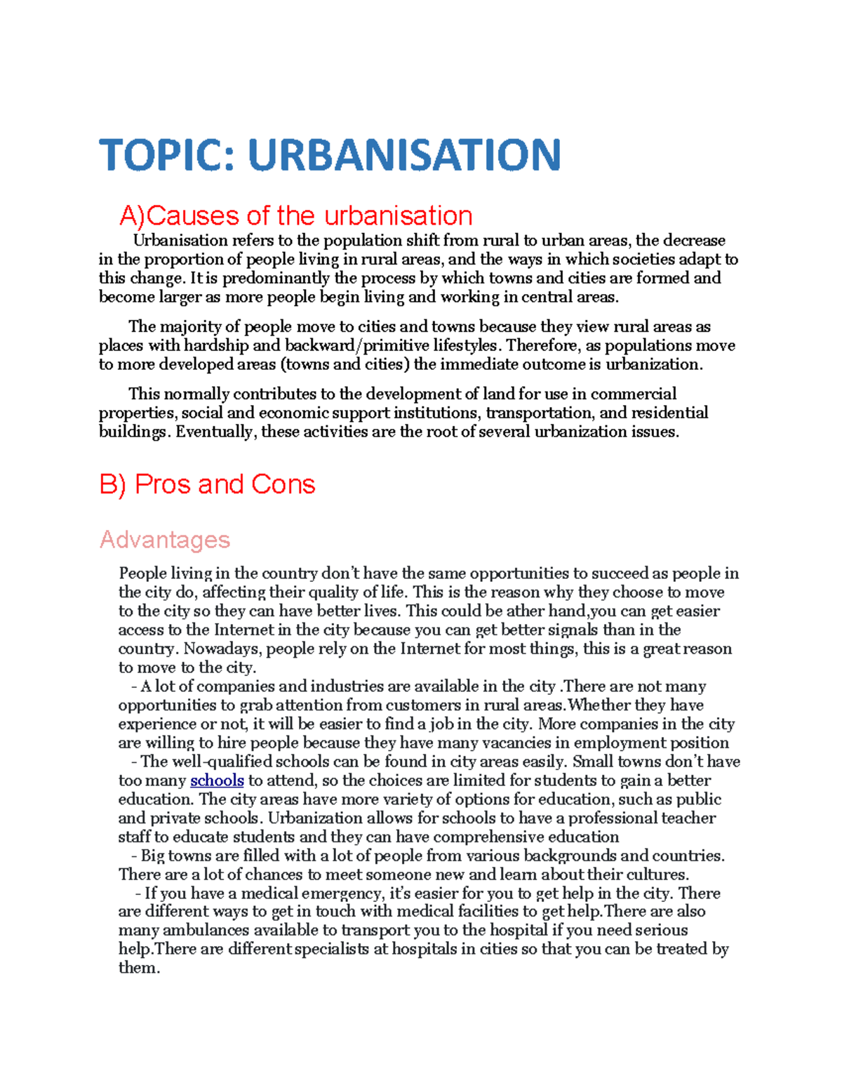 Urbanisation- Group-2 - TOPIC: URBANISATION A)Causes of the ...