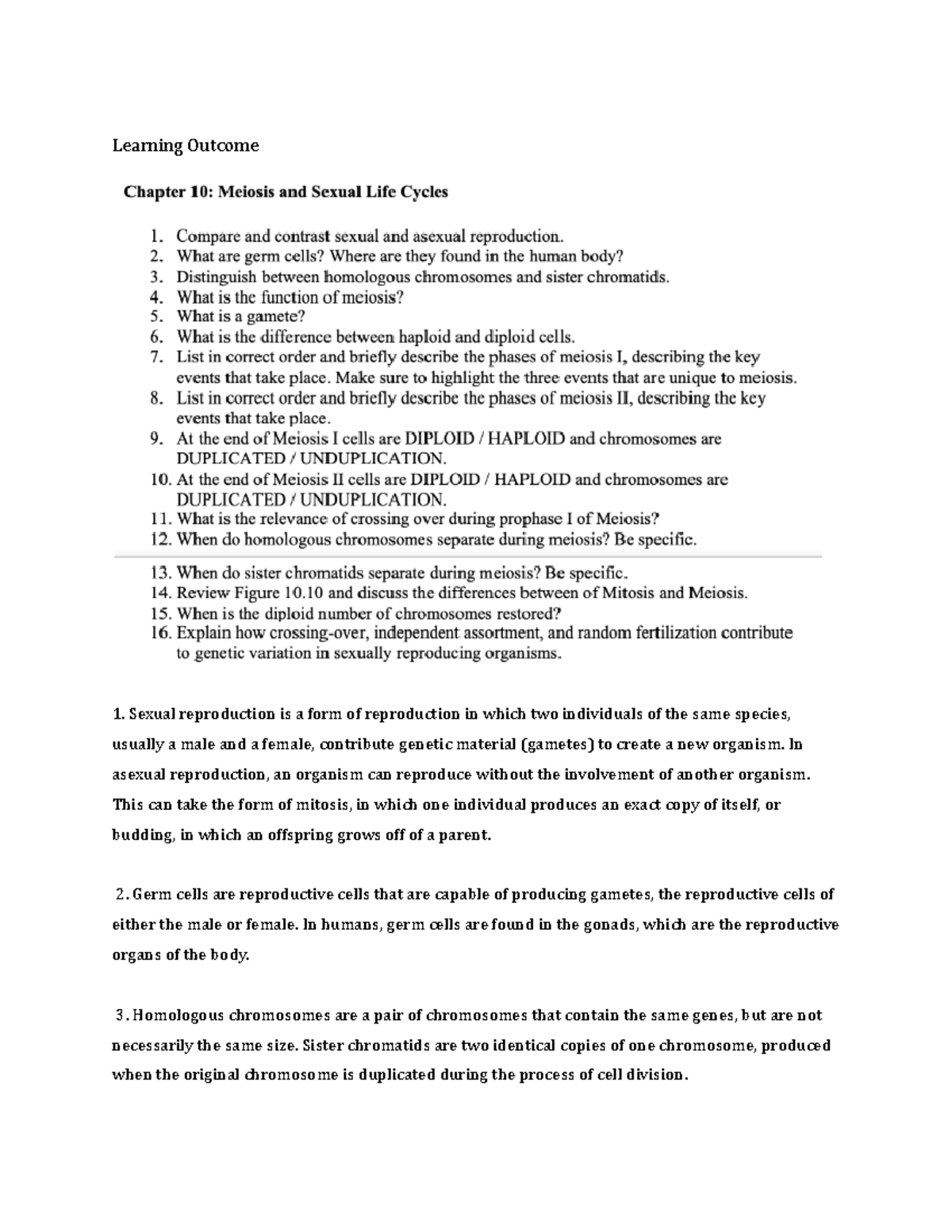 Chapter 10 Learning Outcomes - Learning Outcome Sexual reproduction is ...