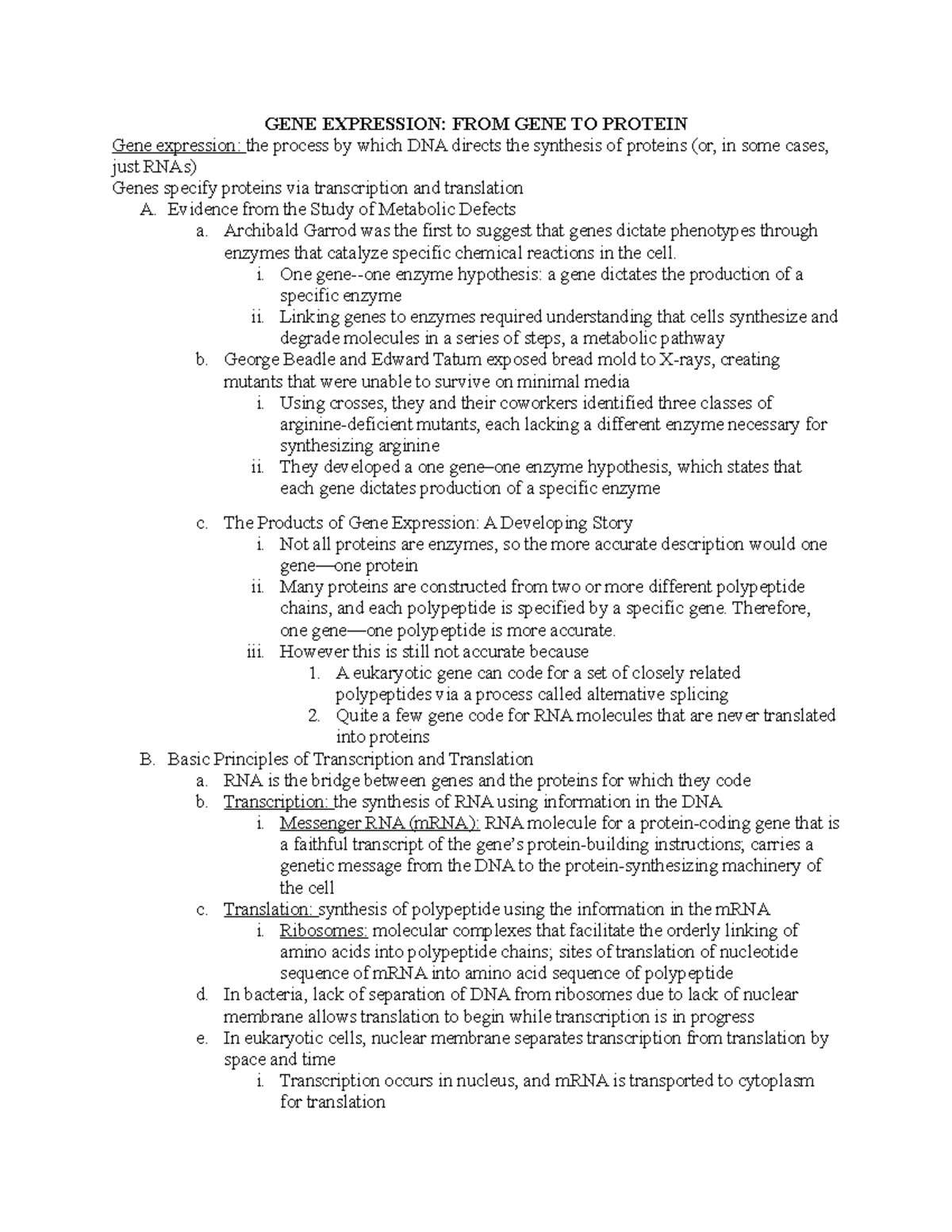 Chapter 17 Notes Bio - GENE EXPRESSION: FROM GENE TO PROTEIN Gene ...