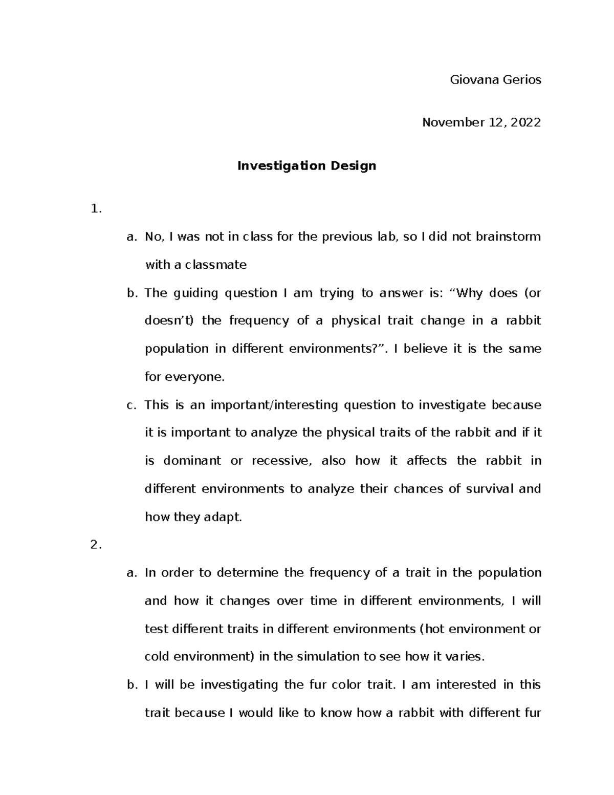 Investigation design - Giovana Gerios November 12, 2022 Investigation ...