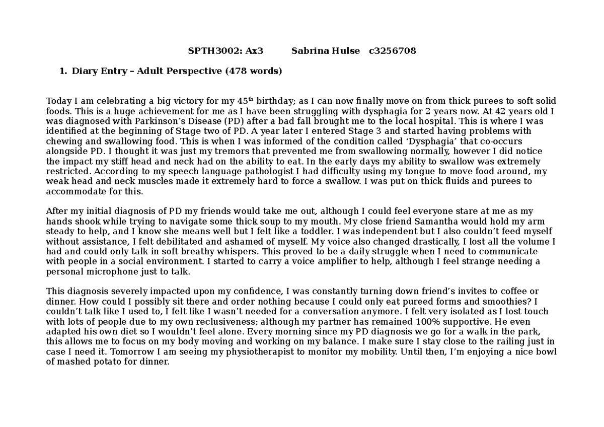 AX3 - Diary Complete - SPTH3002: Ax3 Sabrina Hulse c 1. Diary Entry ...