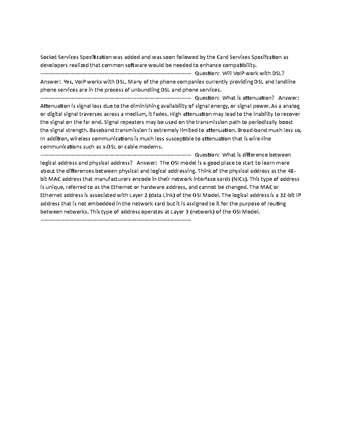 Cs601 - some short question answer - Socket Services Specification was ...