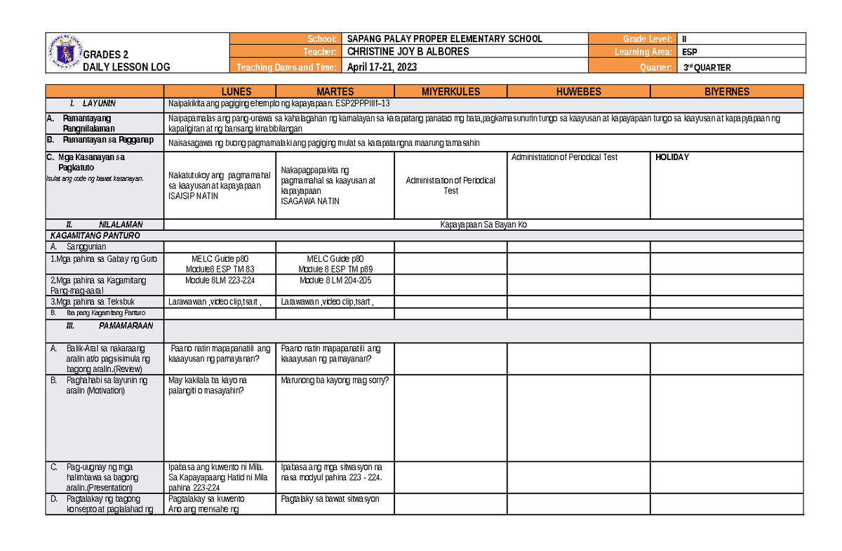 DLL All Subjects-G2 Q3 WEEK 10 April 3-7, 2023 - , GRADES 2 DAILY ...