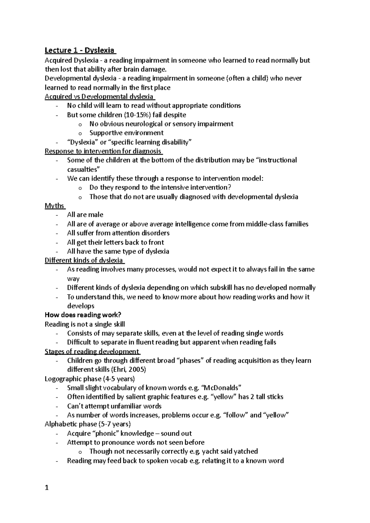 Notes - Lecture 1 - Dyslexia Acquired Dyslexia - a reading impairment ...