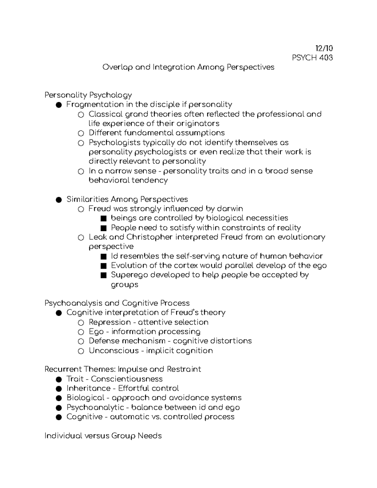 Psych 403 12 10 - 12/ PSYCH 403 Overlap and Integration Among ...