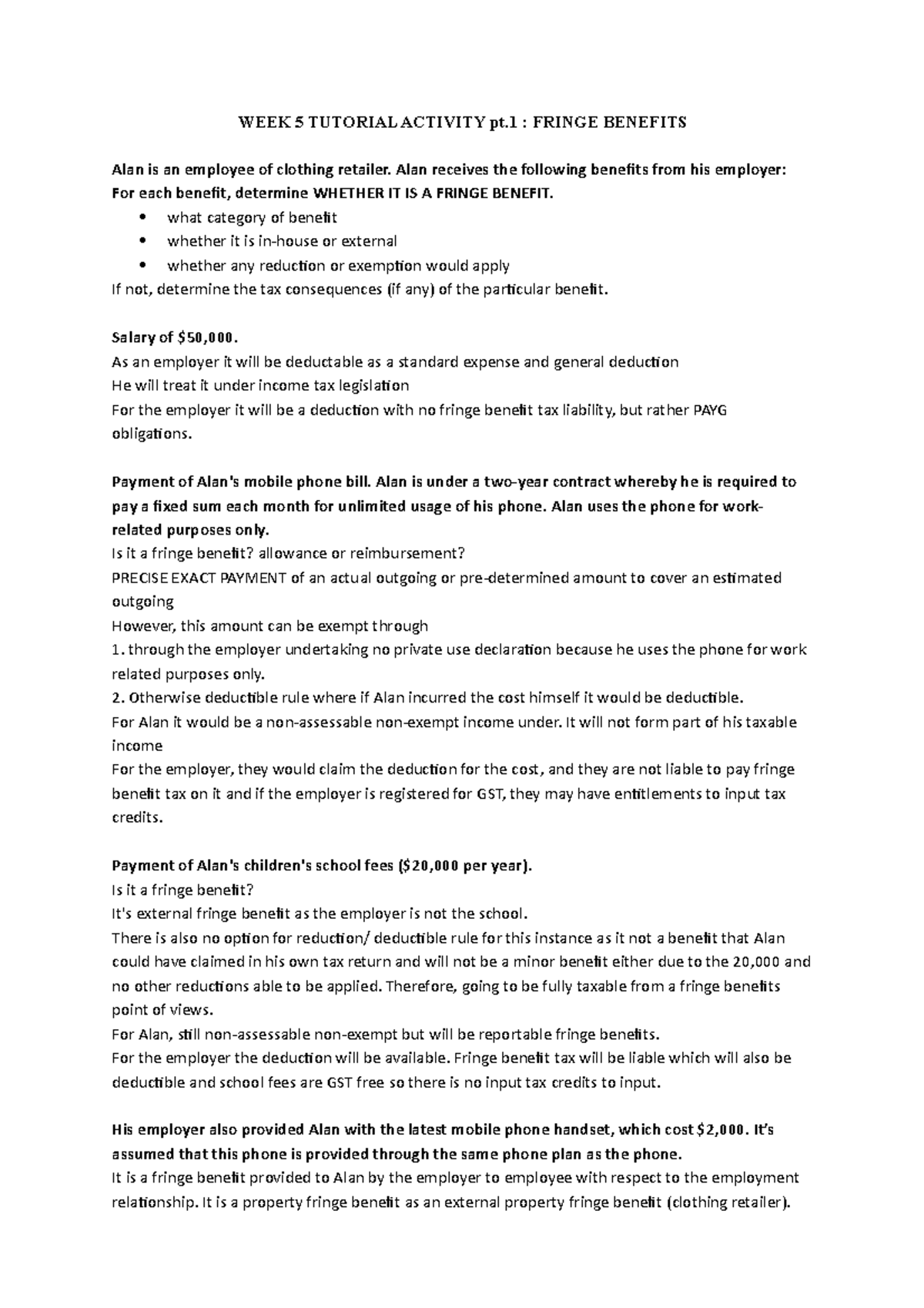 Week 5 Tutorial Activity - Fringe benefits - WEEK 5 TUTORIAL ACTIVITY ...