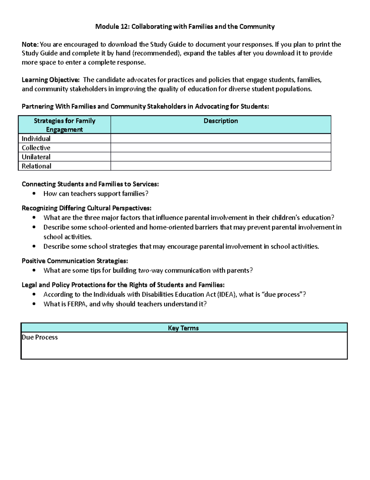 D096 d169 m12 study guide - Module 12: Collaborating with Families and the Community Note: You ...