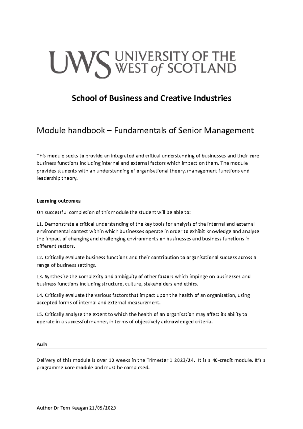 Module handbook for Fundamentals of Senior Management v2 - School of ...