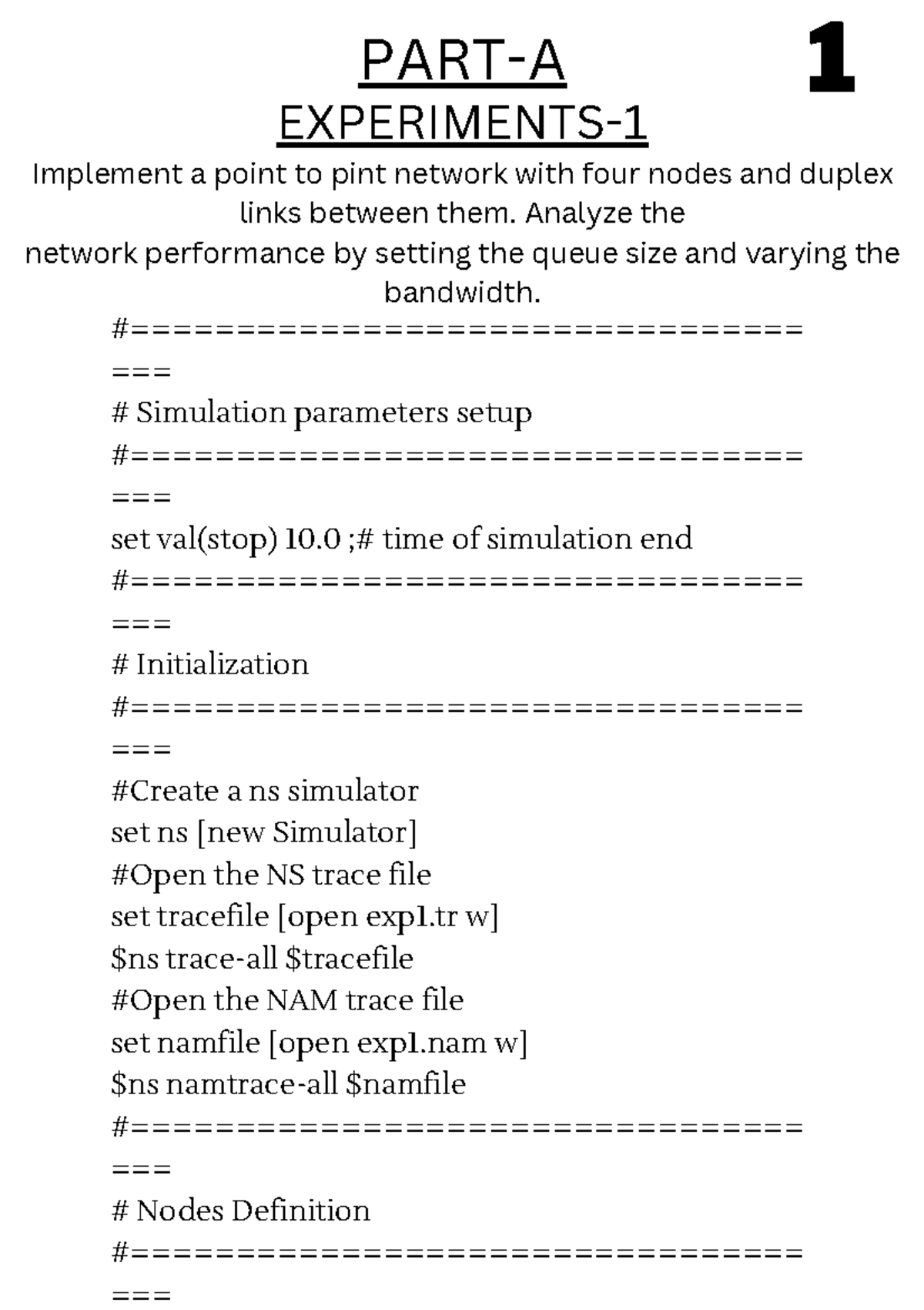 CN Final - kj,m - PART-A EXPERIMENTS- Implement a point to pint network with four nodes and ...