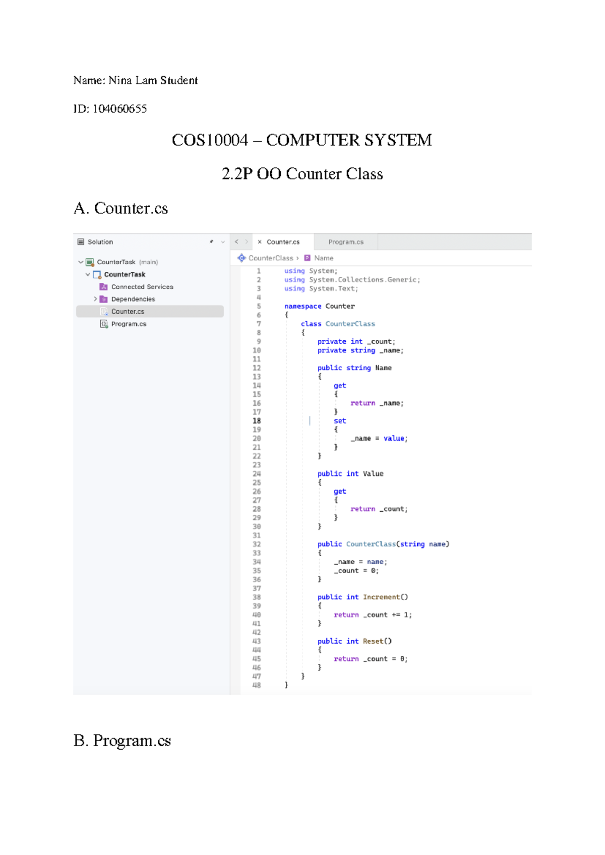 2.2P Counter Class - COS20007 - Name: Nina Lam Student ID: 104060655 COS10004 – COMPUTER SYSTEM ...