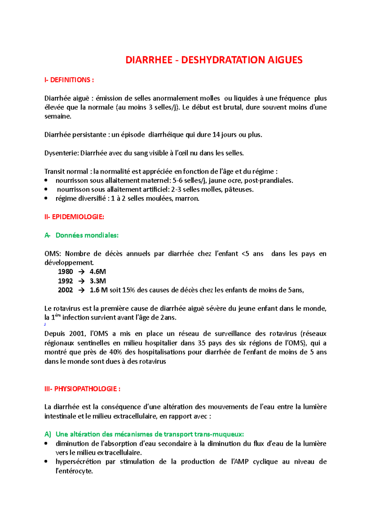 Diarrhee - DIARRHEE - DESHYDRATATION AIGUES I- DEFINITIONS : Diarrhée ...