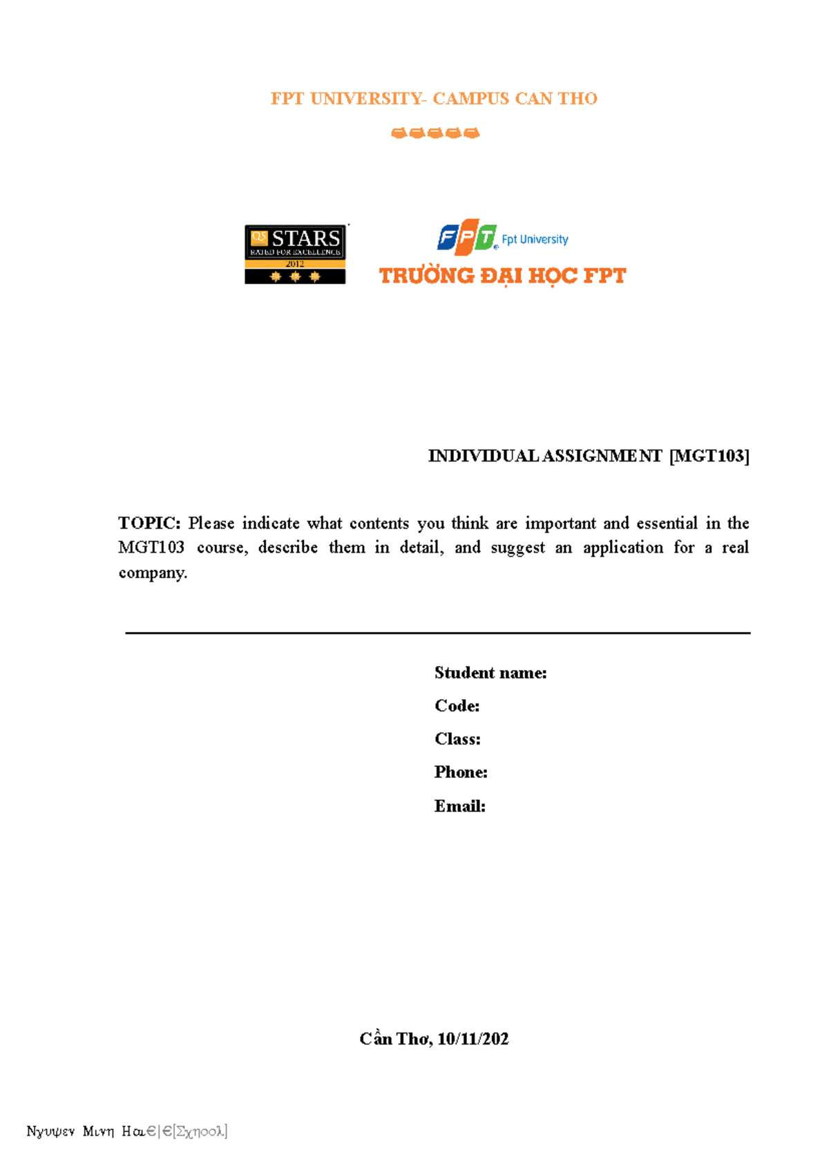 Individual Assignment [ MGT103 ] - FPT UNIVERSITY- CAMPUS CAN THO - Studocu