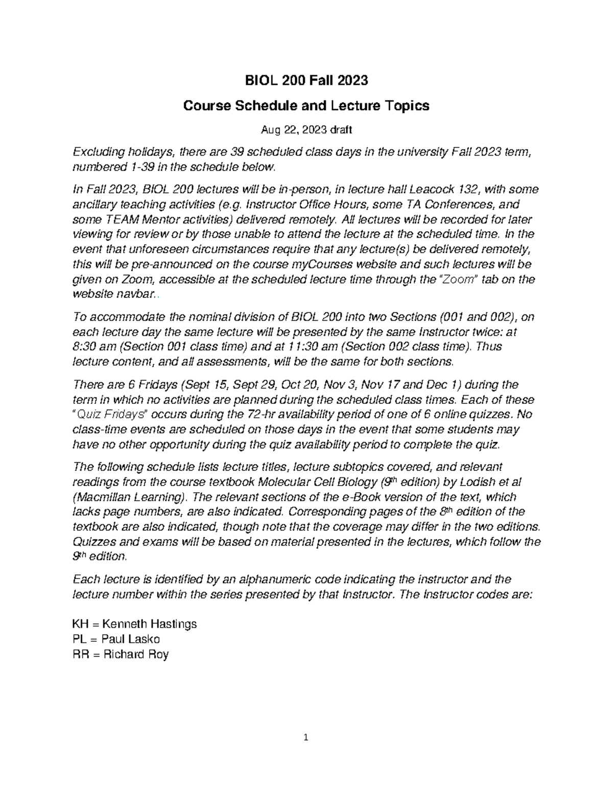 Fall 2023 lecture schedule Aug 22 - BIOL 200 Fall 2023 Course Schedule and Lecture Topics Aug 22 ...