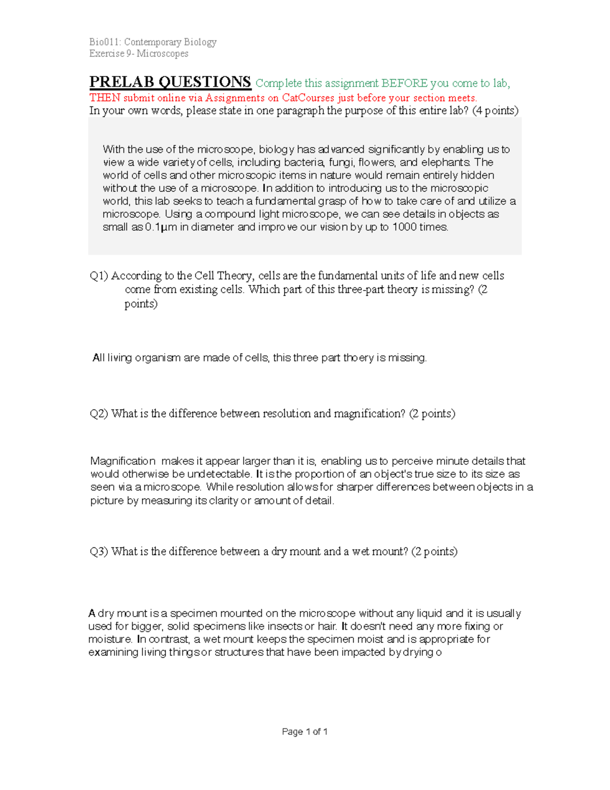 Bio011 lab9 Prelab Qs - Pre-Lab Questions fro Bio 002 or Bio 012 - Bio 011 : Contemporary ...