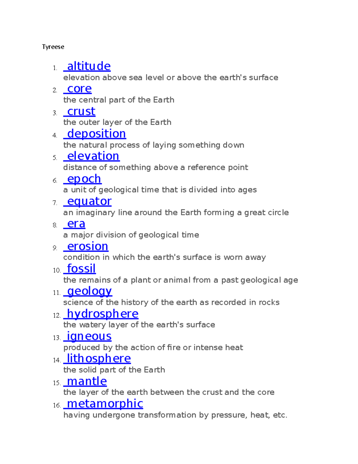 Earth science 18 - Tyreese 1. altitude elevation above sea level or ...