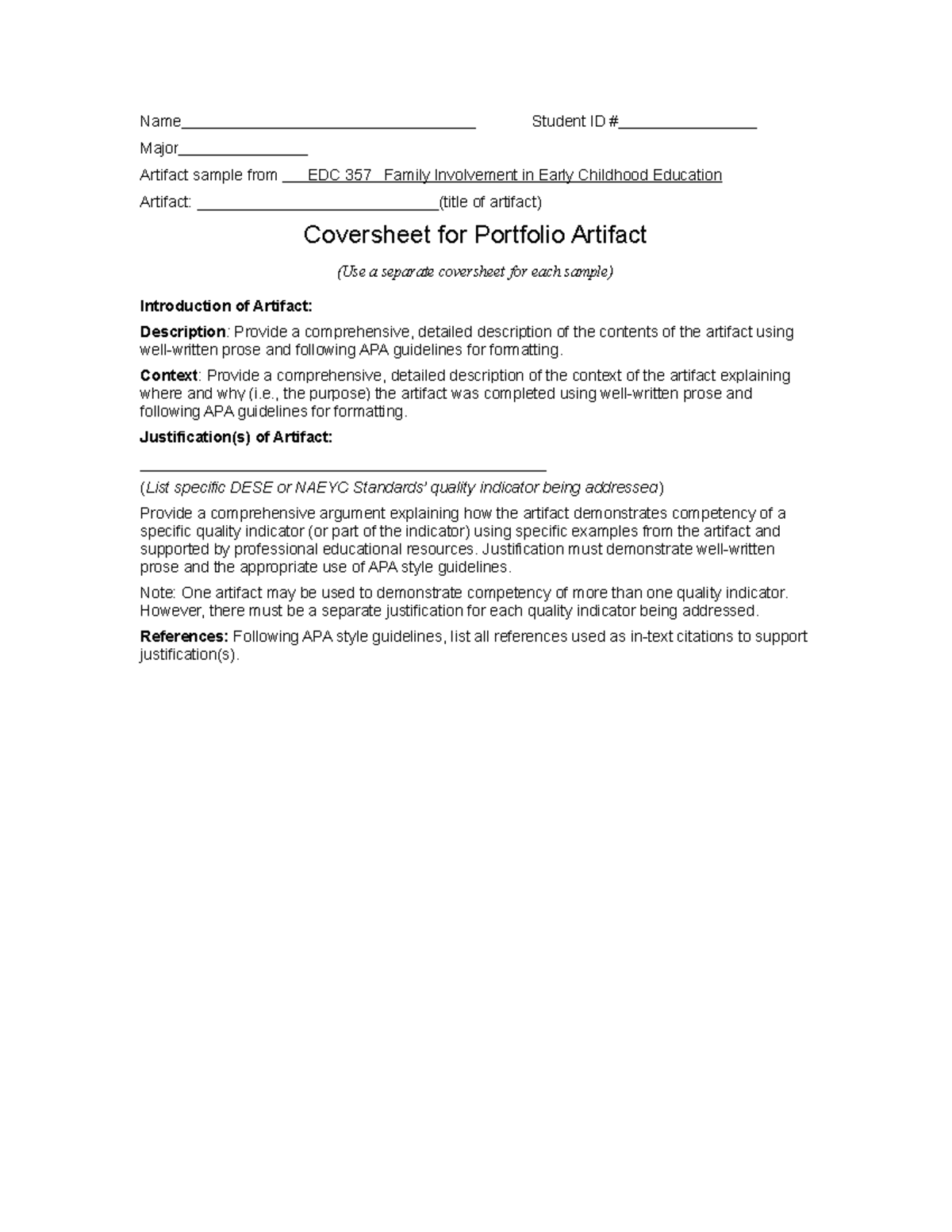 Form Portfolio Artifact - Name Student ID # Major Artifact sample from ...