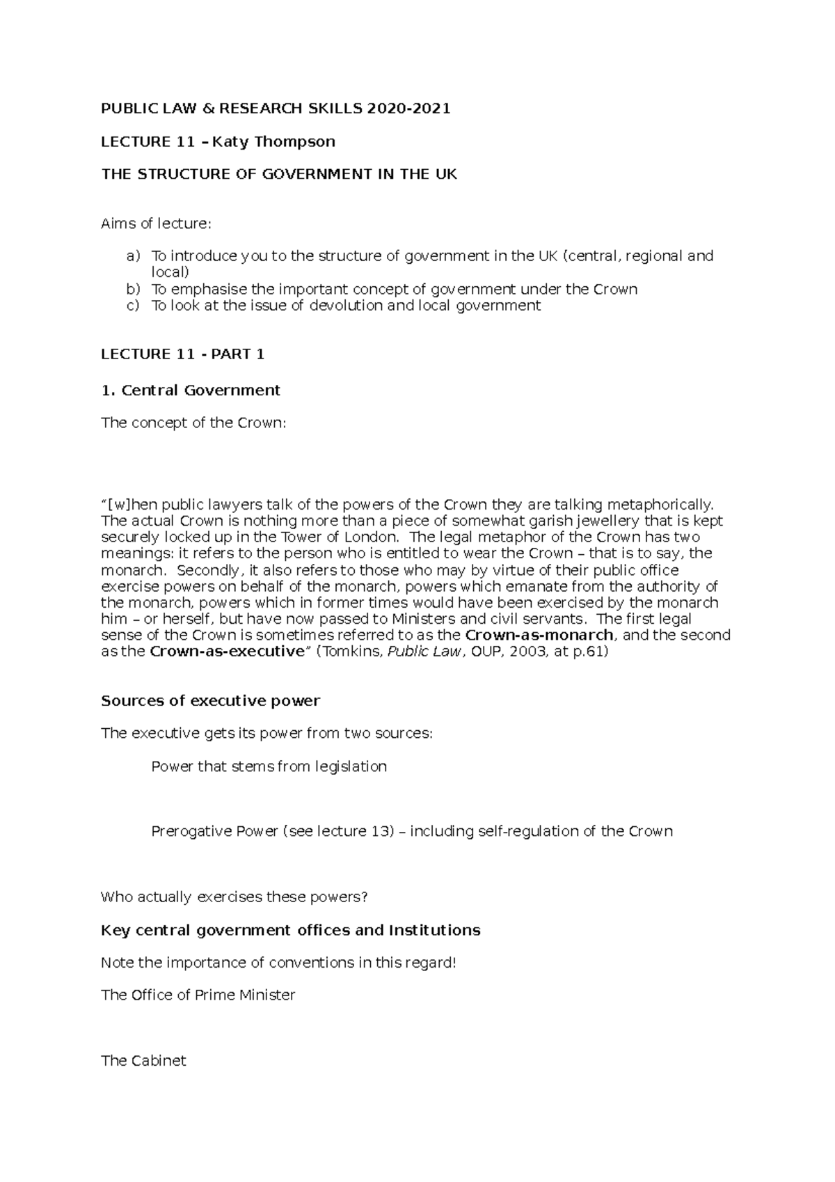 Lecture 11 handout. 2020-2021 docx1 - PUBLIC LAW & RESEARCH SKILLS 2020 ...