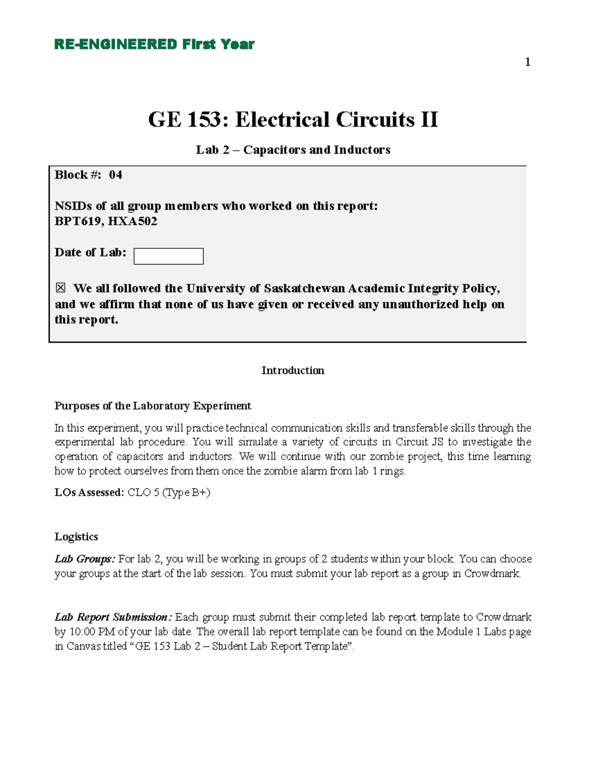 GE 153 - Lab 2 Report - 1 GE 153: Electrical Circuits II Lab 2 ...