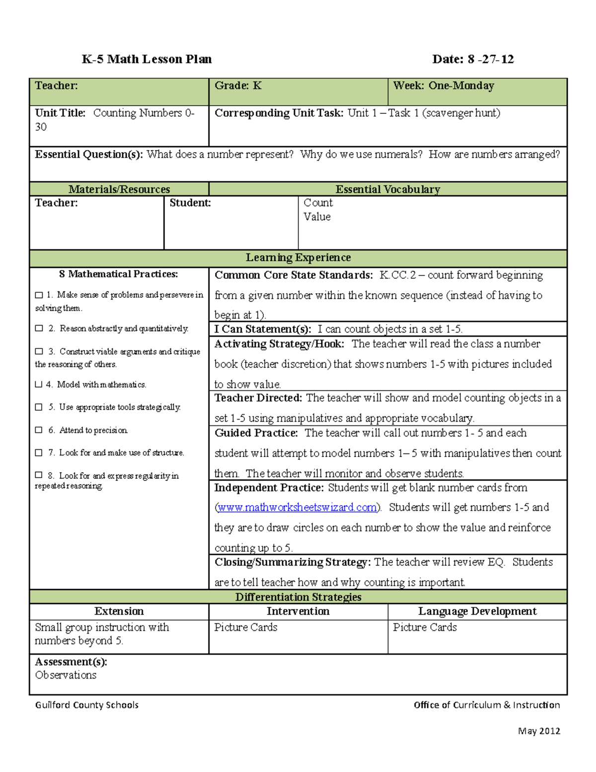 Unit 1 Lessone Plan (Homework) part 3 of 5 - K-5 Math Lesson Plan Date ...